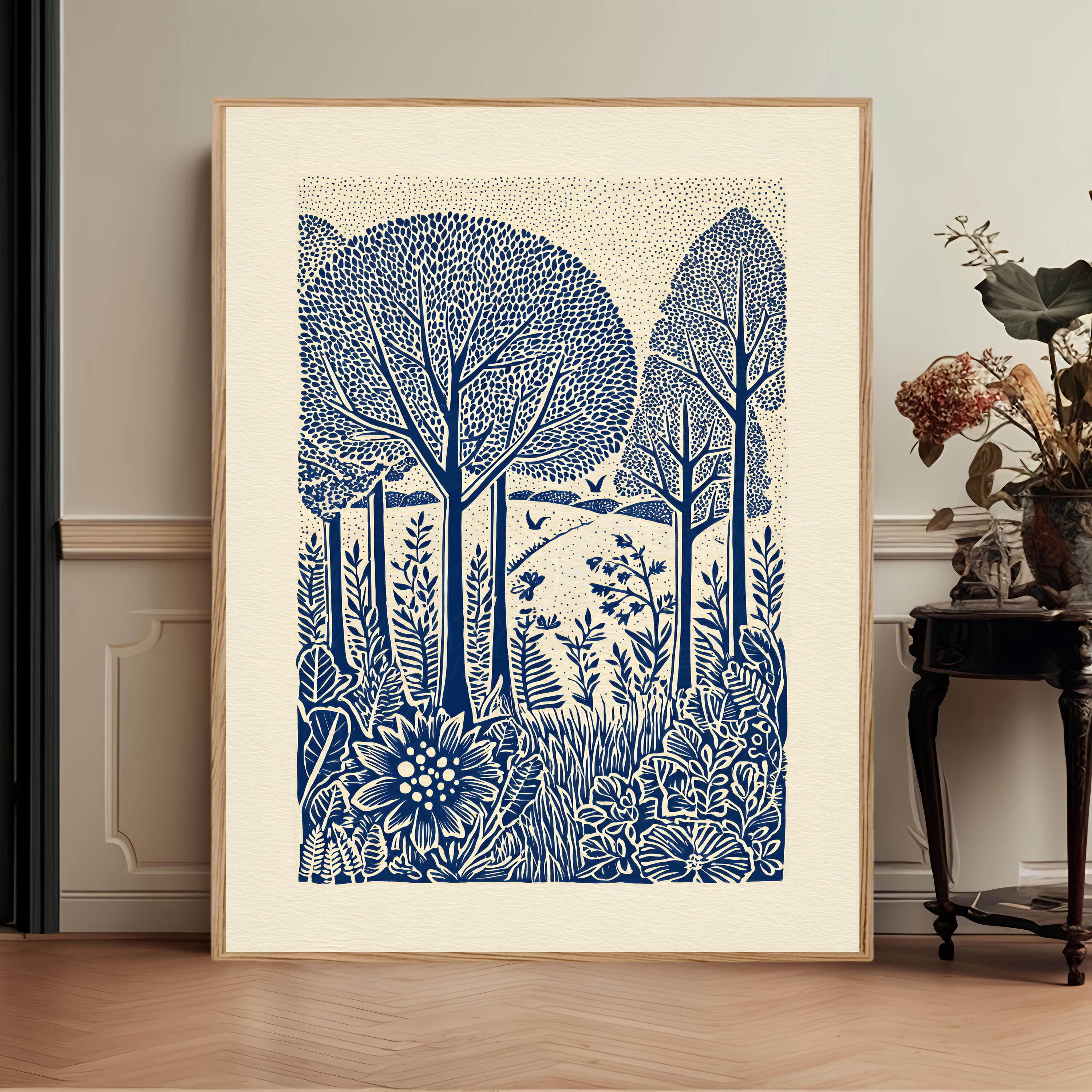 Botanical Woodland Forest Wall Art, Blue Nature Inspired Floral ...