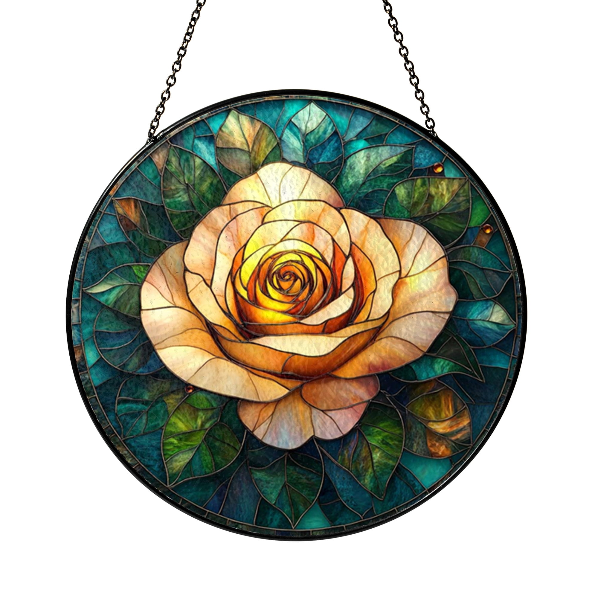 Botanical Yellow Rose Scene Stained Glass Suncatcher, Window Decor ...
