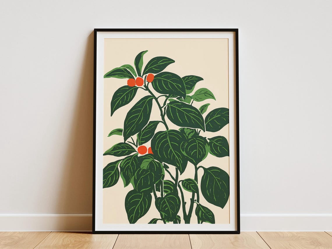 Botanical of Red Berries on Stem with Green Leaves Vintage Inspired ...