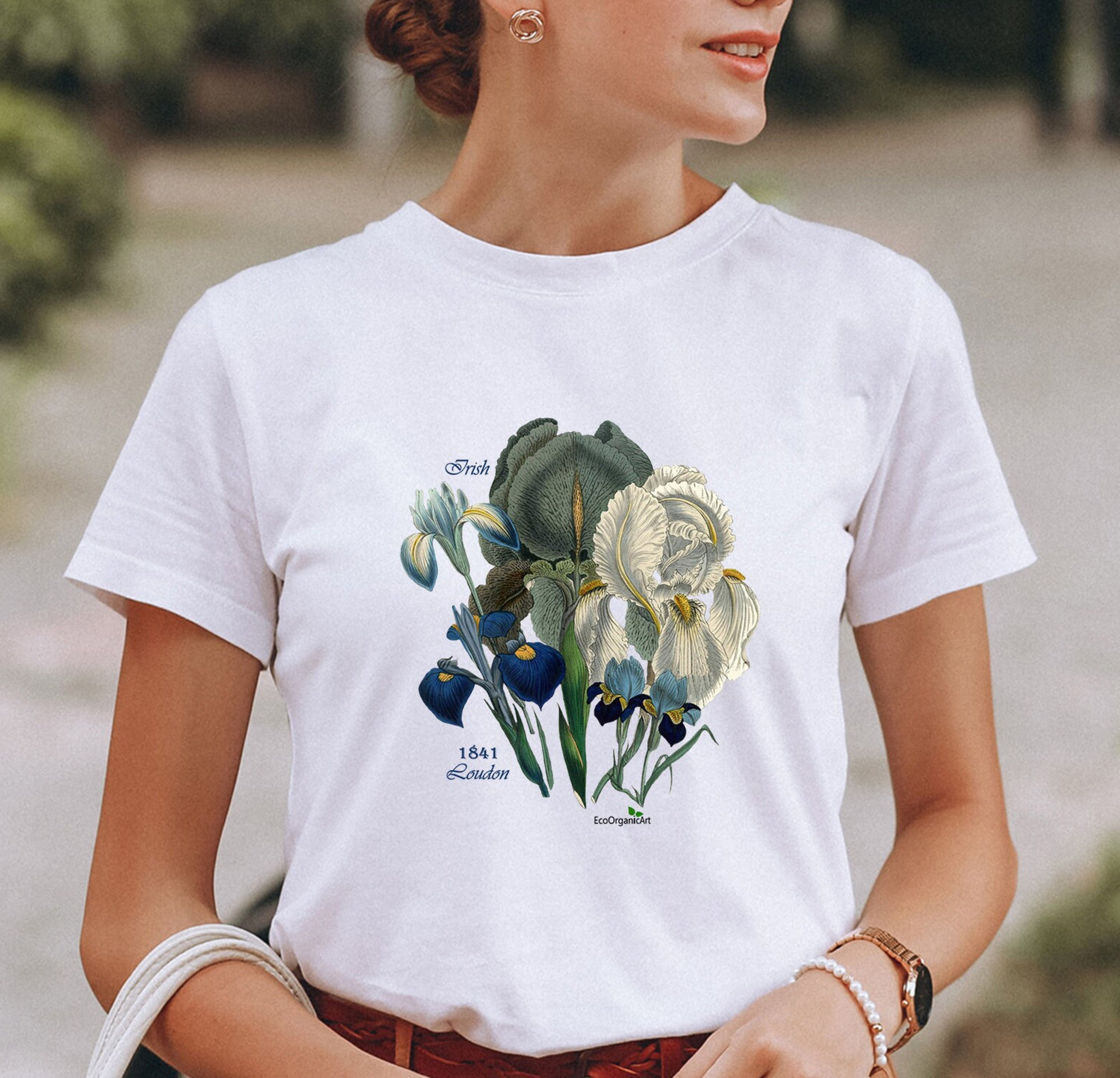 Botanical tshirt Organic cotton Iris Antique Botanical Print Flower tee, Aesthetic Vintage ...