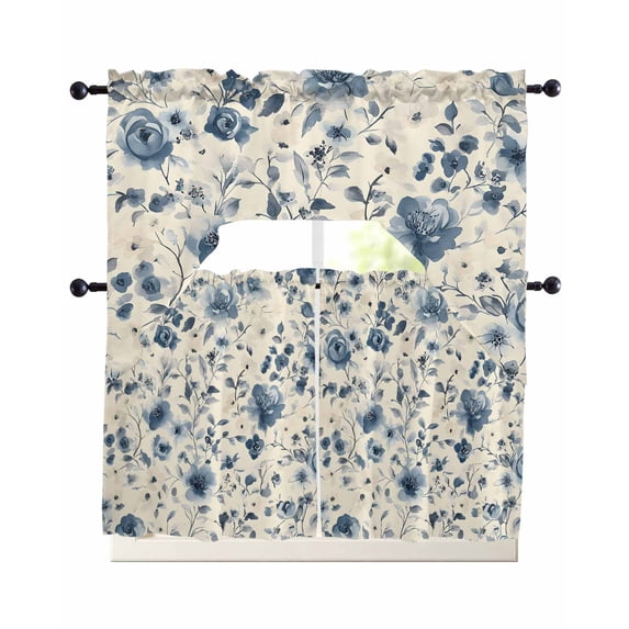 Botanicals Flower Kitchen Curtain and Valance Set 3 Pieces,Rod Pocket ...