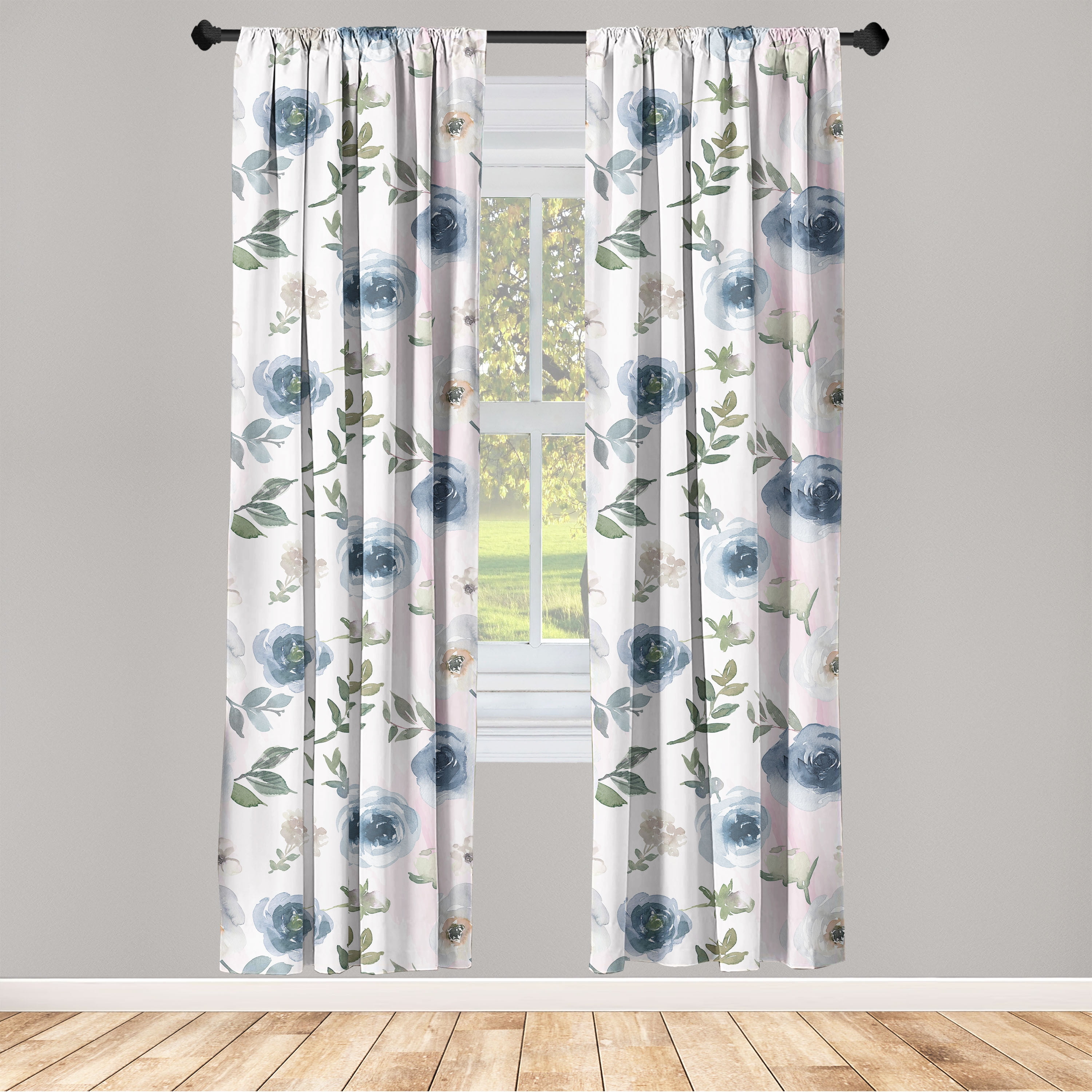 Botany Design Window Curtains, Watercolor Illustration of Blooming ...