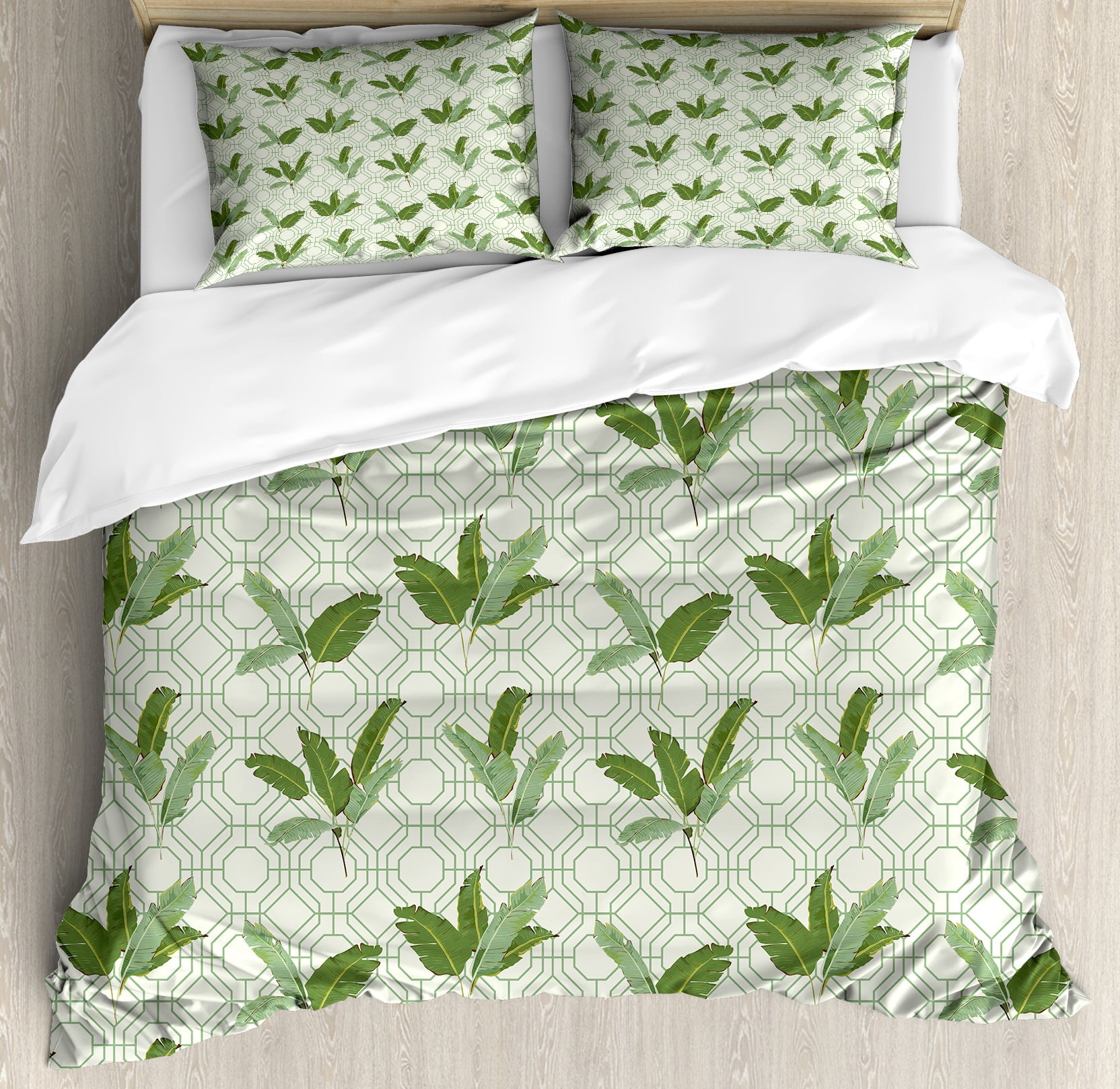 Botany Duvet Cover Set, Large Evergreen Palm Leaves on Retro Hexagonal ...