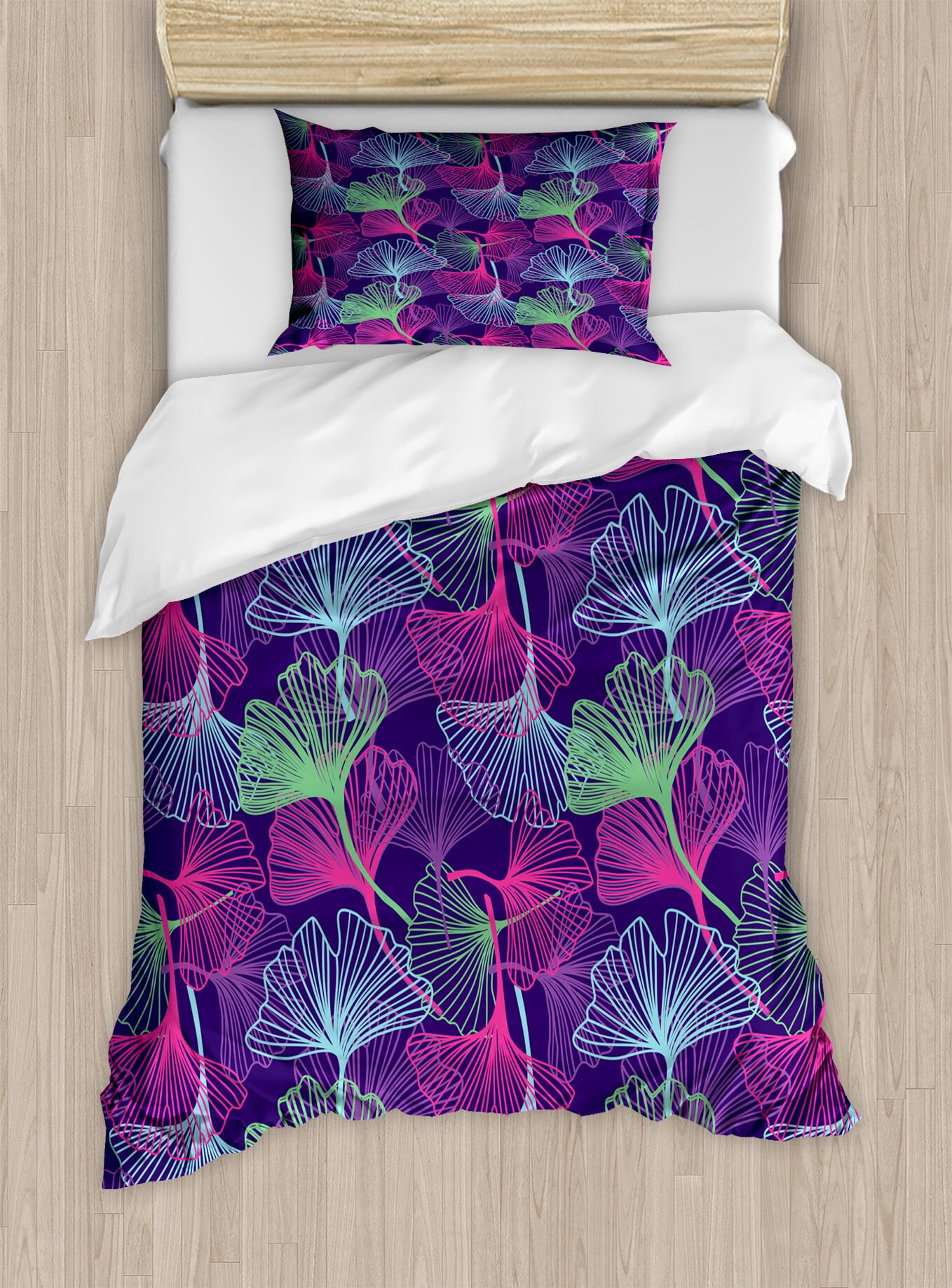 Botany Duvet Cover Set, Tropical Ginkgo Leaves Motif in Digital ...