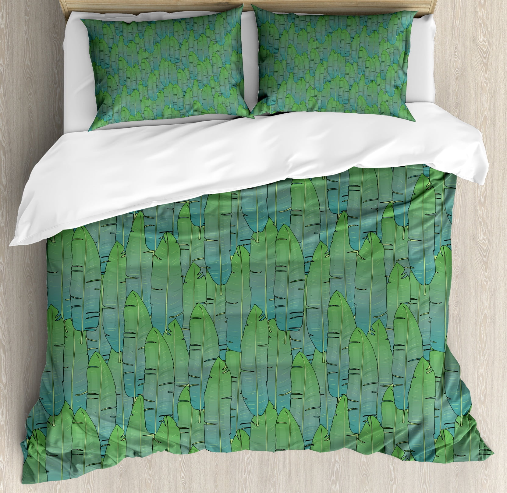 Botany Duvet Cover Set, Tropical Palm Leaves Gradient Green Tones ...