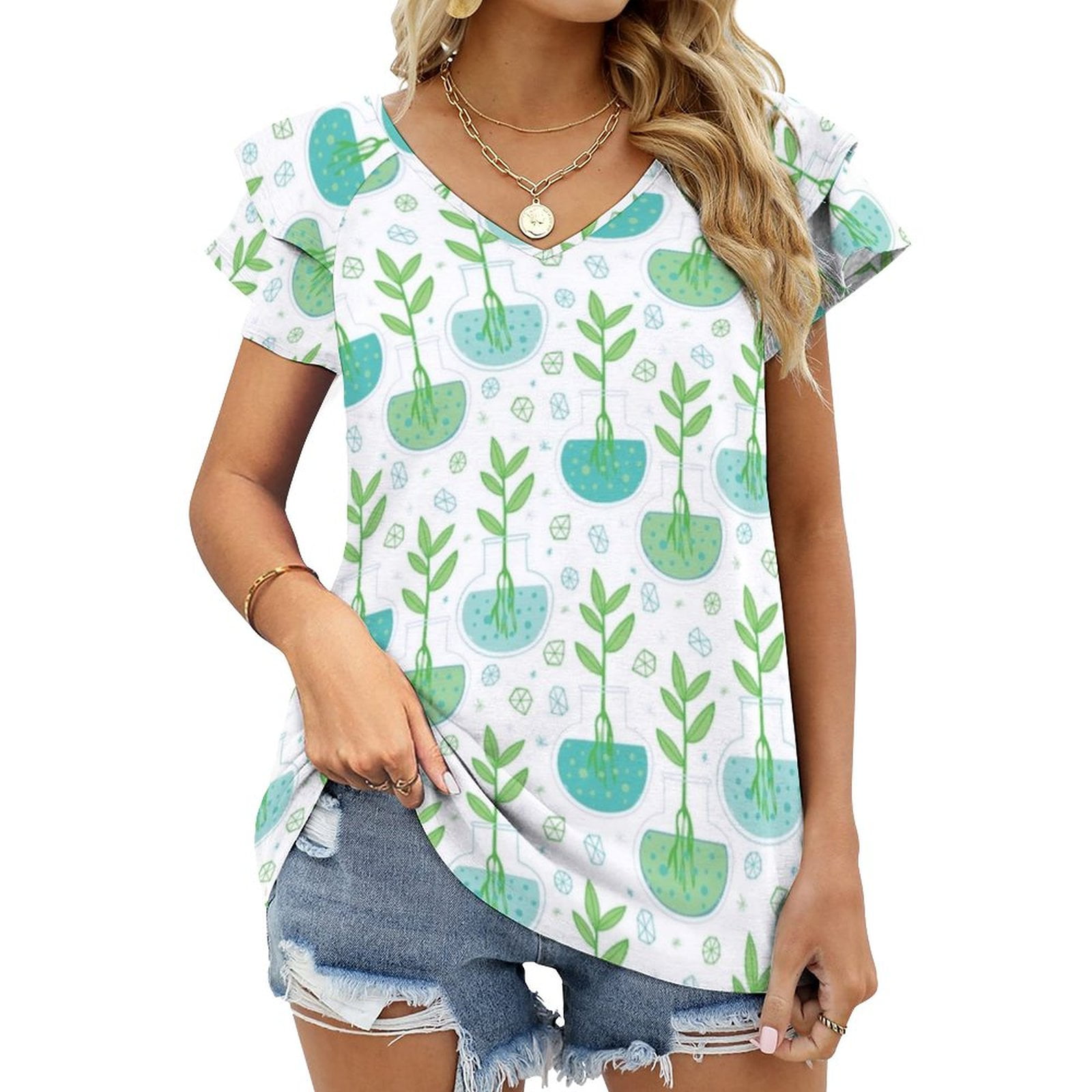 Botany Ruffle Short Sleeve T-Shirt Women's Print Fashion Casual T ...