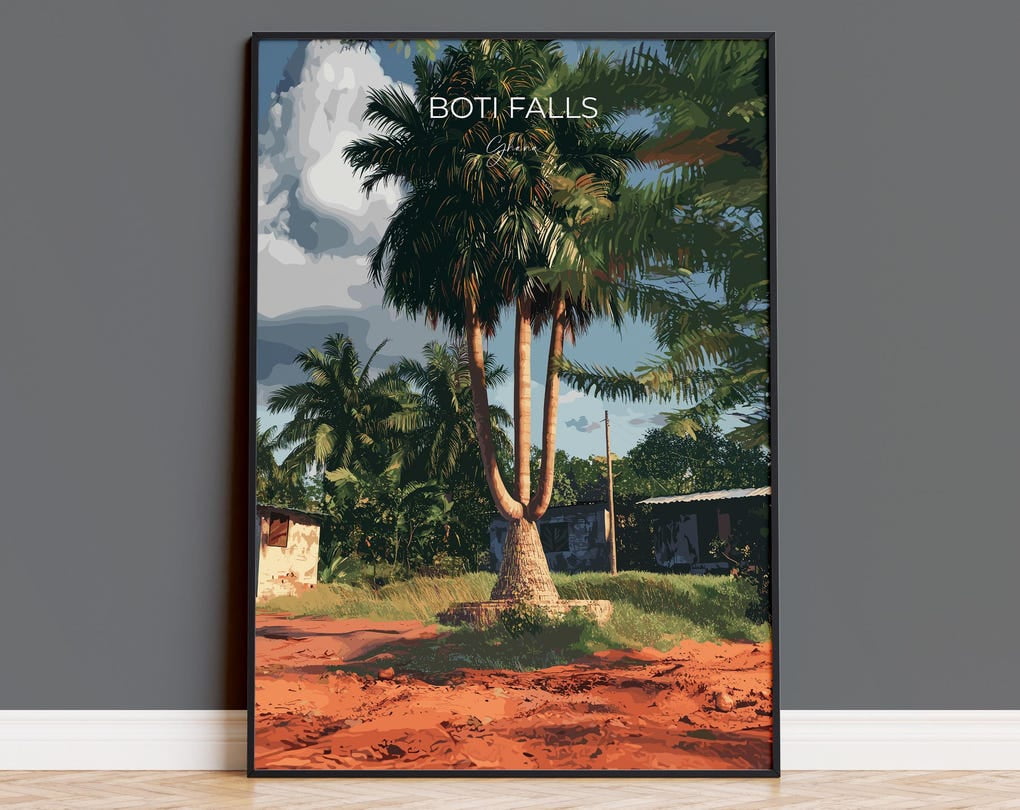 Boti Falls Travel Poster, Ghana Travel Print Collection, Three Headed ...