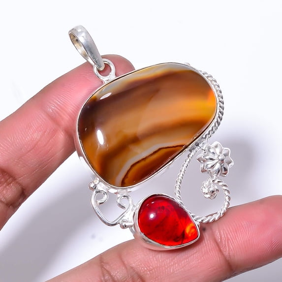 Botswana Agate - Botswana & Red Garnet 925 Sterling Silver Pendant 2.34 ...