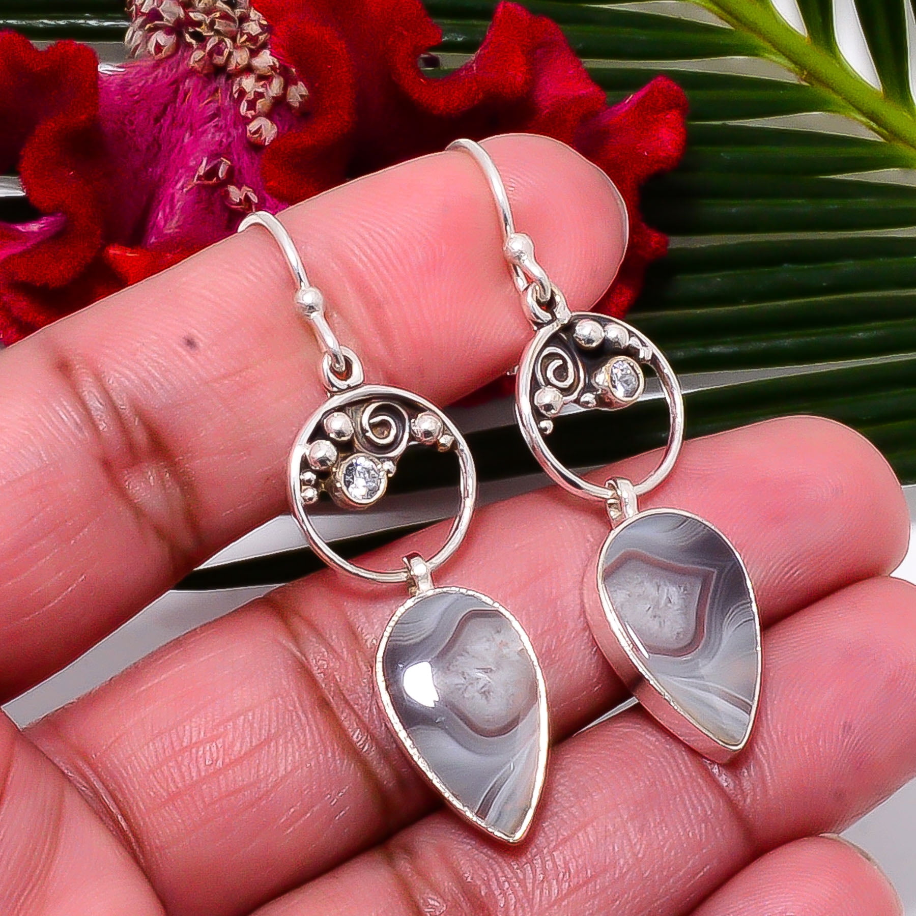 Botswana Agate - Botswana & White Topaz 925 Sterling Silver Earring 1. ...