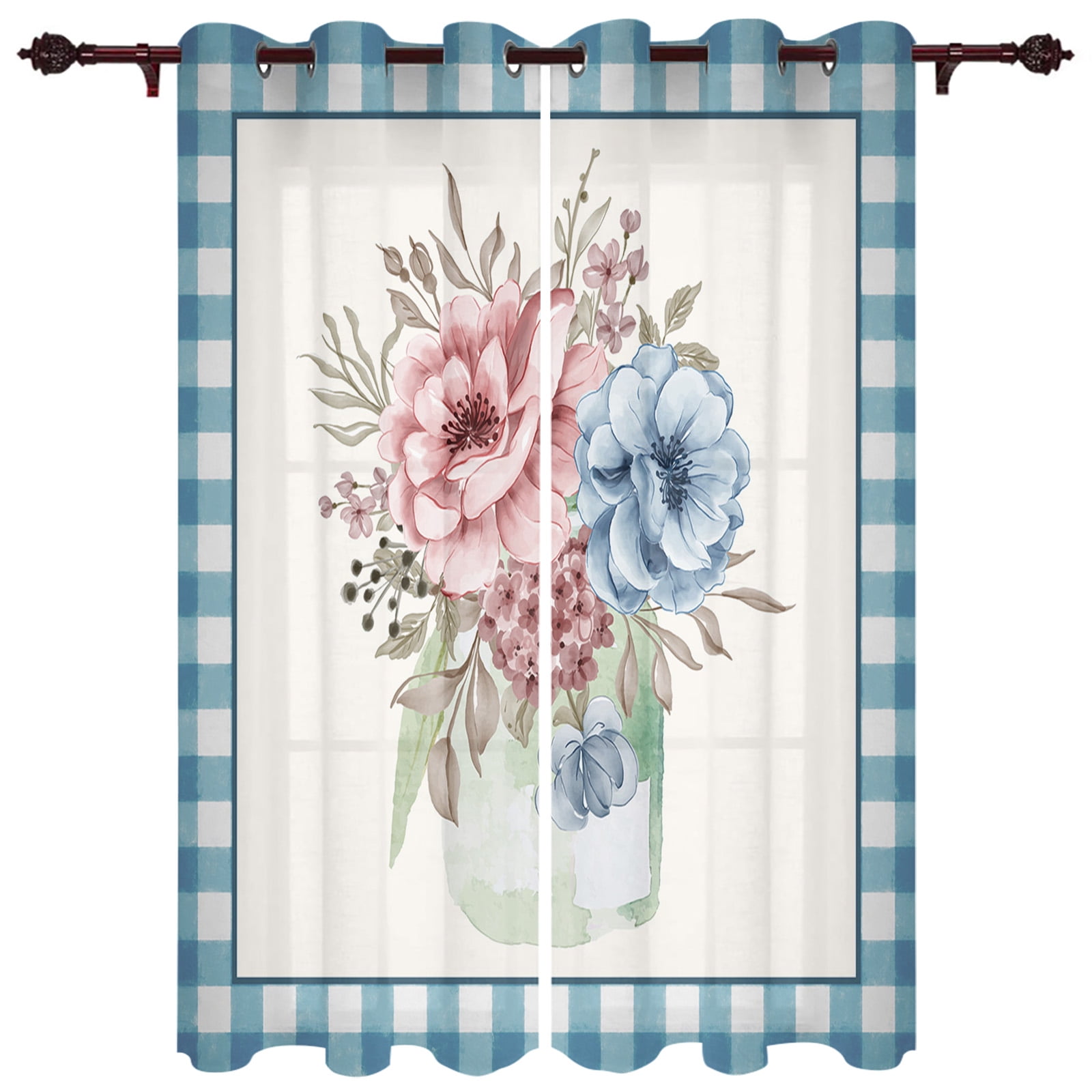 Bottle Flower Plaid Window Curtains Living Room Kitchen Curtains Modern ...