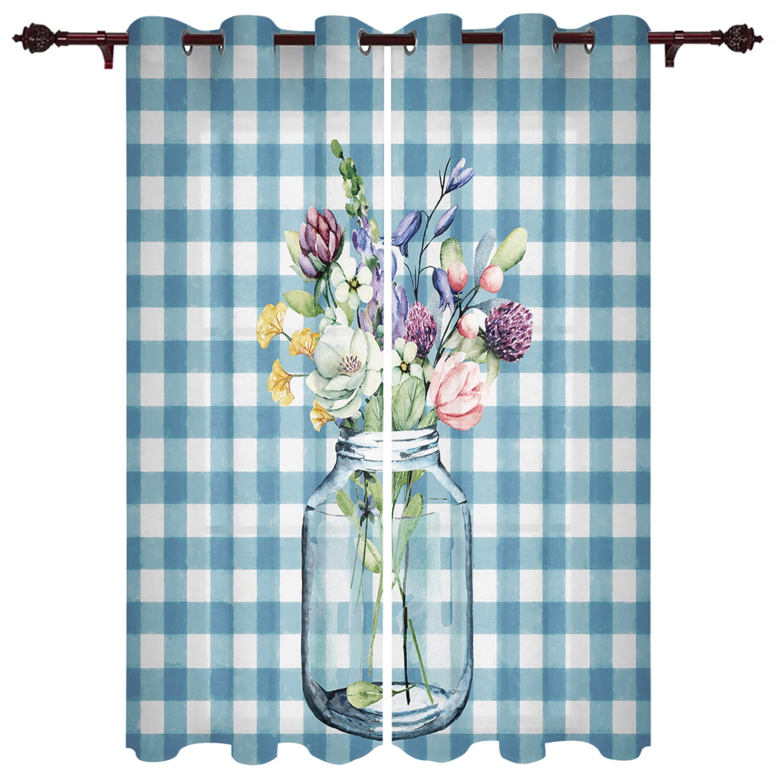 Bottle Flower Plaid Window Curtains Living Room Kitchen Curtains Modern ...