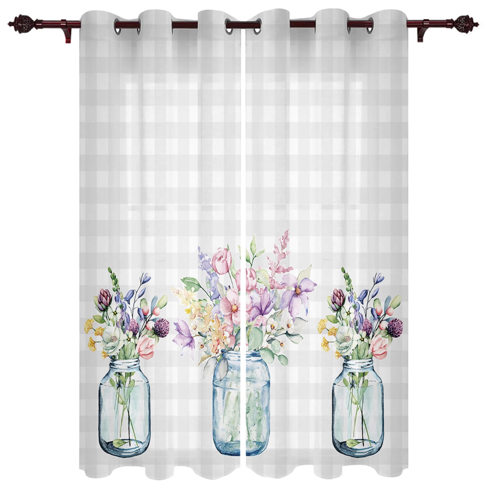 Bottle Flower Plaid Window Curtains Living Room Kitchen Curtains Modern ...