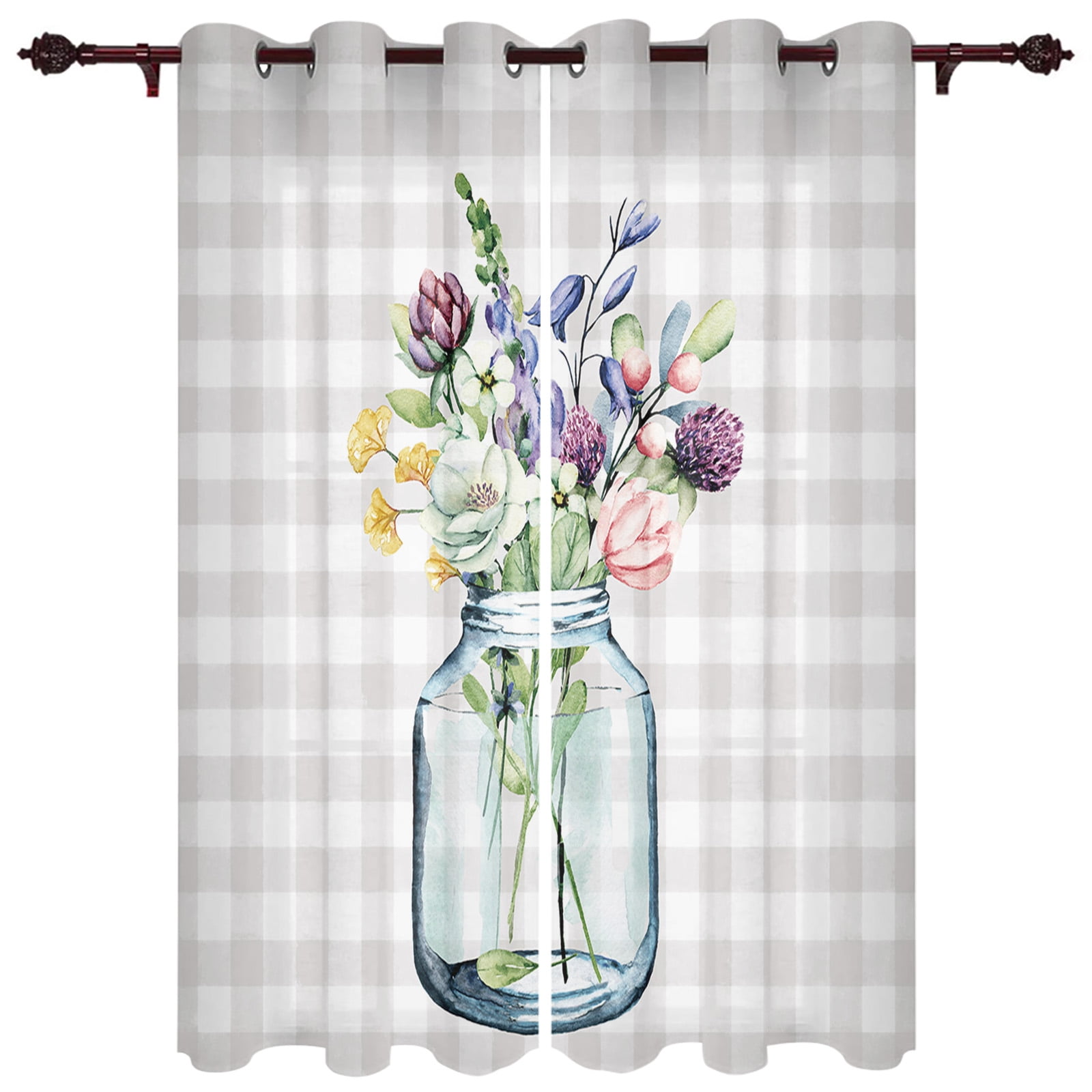 Bottle Flower Plaid Window Curtains Living Room Kitchen Curtains Modern ...