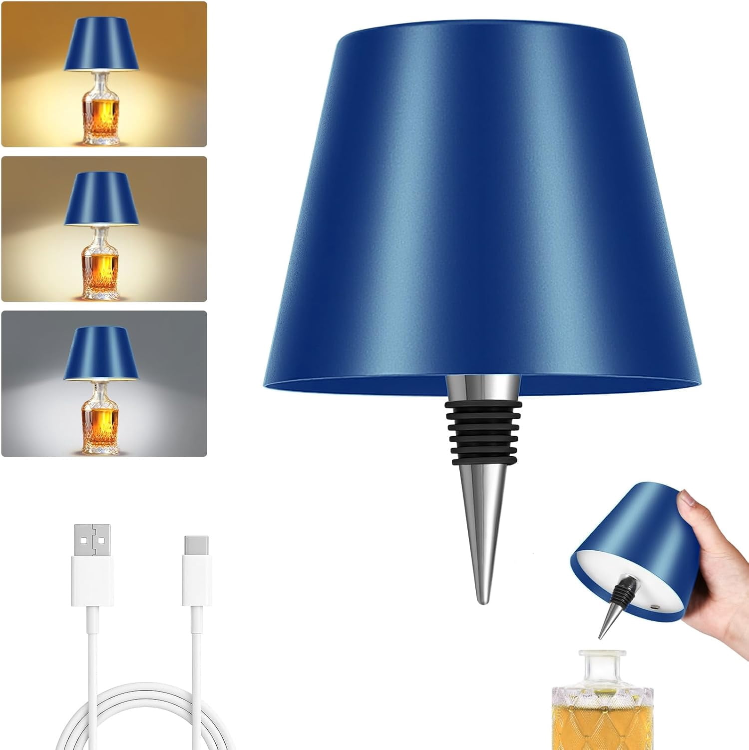 Bottle Lamp - 3 Color Stepless Dimmable, Metallic Blue Lampshade, 5H ...