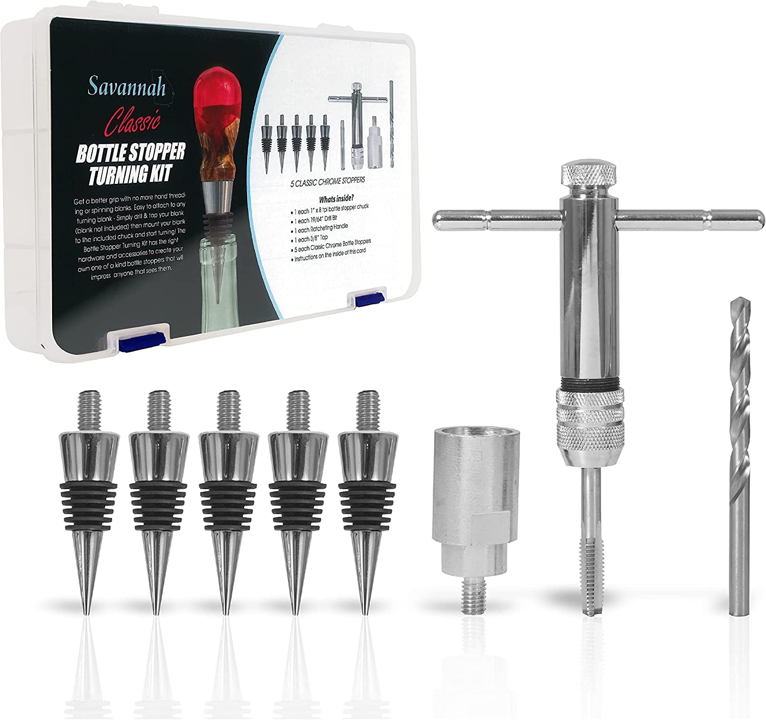 Bottle Turning Kit with 5 Classic Chrome Stoppers 19/64 inch Drill Bit ...