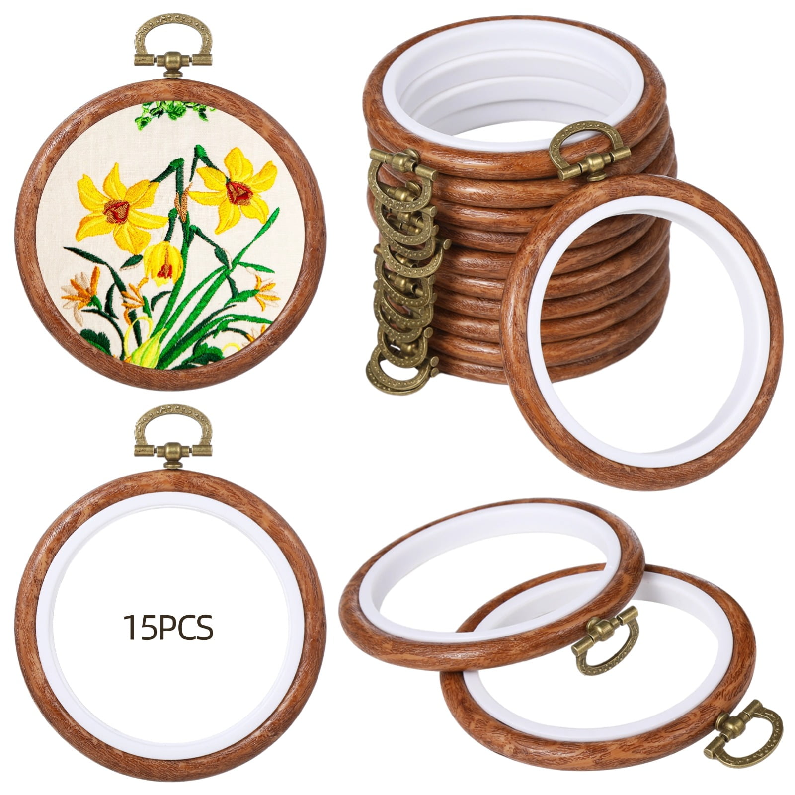 Bottlepic 15 Pcs Round Embroidery Hoops, 3.7 Inches Imitated Wood ...