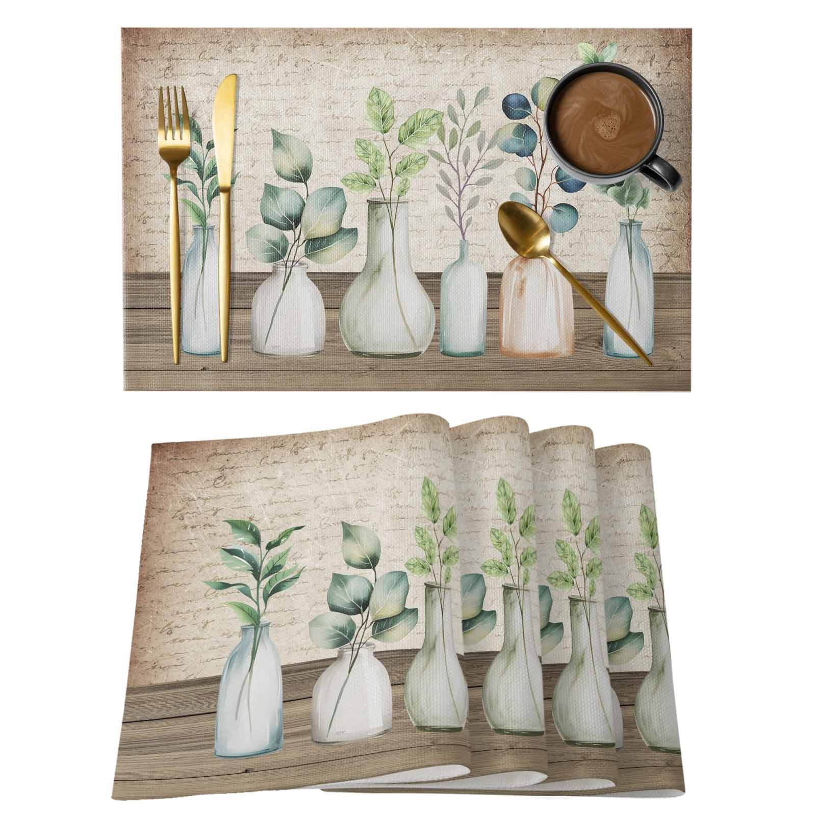 Bottles and Plants Placemats Set of 8, Farmhouse Country Rustic Brown ...