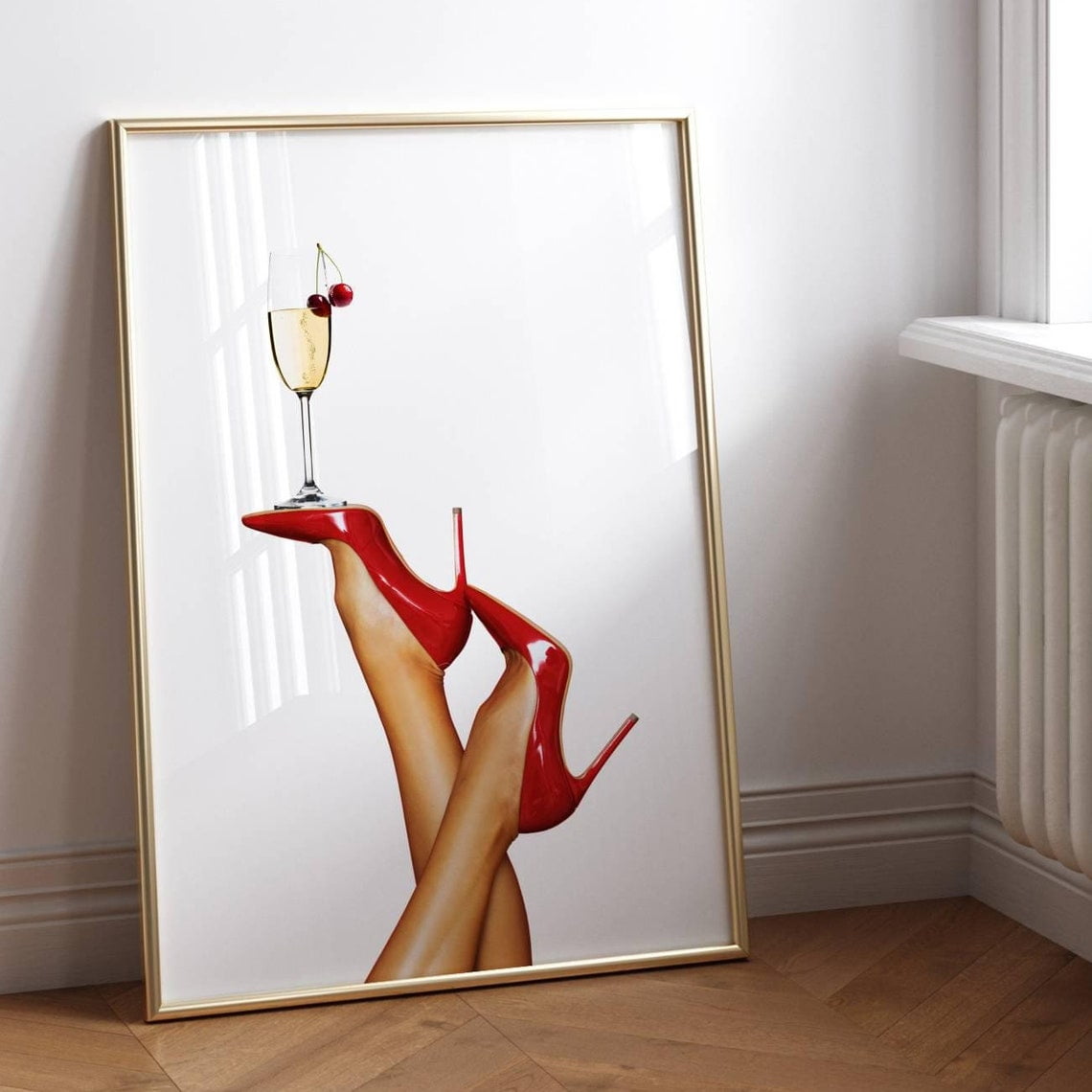 Bottoms Up Art Print, Red High Heels Wall Art Champagne And Cherry Bar Cart Art, Femme Fatale ...