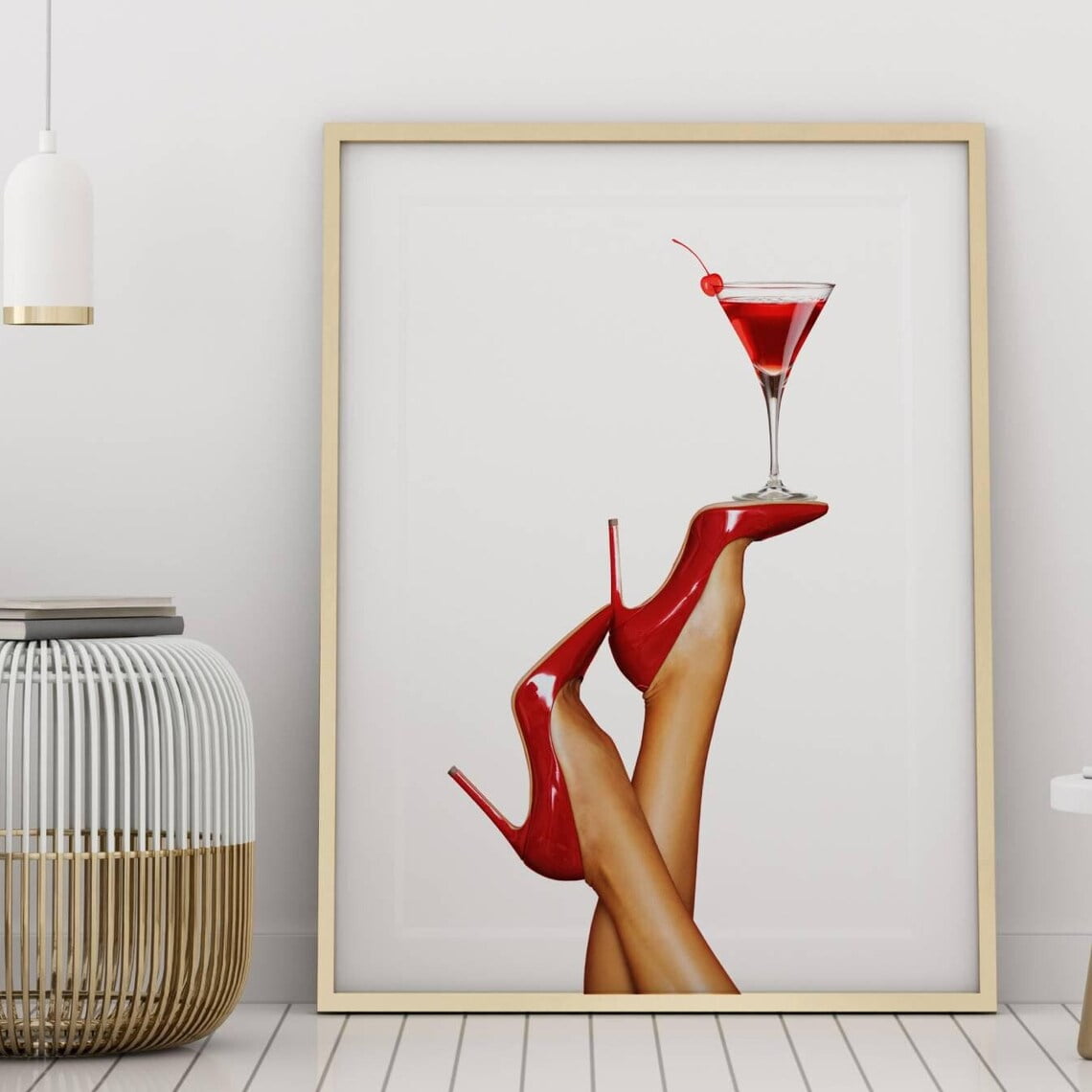 Bottoms Up Art Print, Red High Heels Wall Art With Martini And Cherry ...