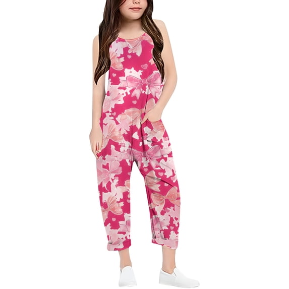 Bottoms for Girls Printed V Suspender Romper Solid Color Romper Pocket ...
