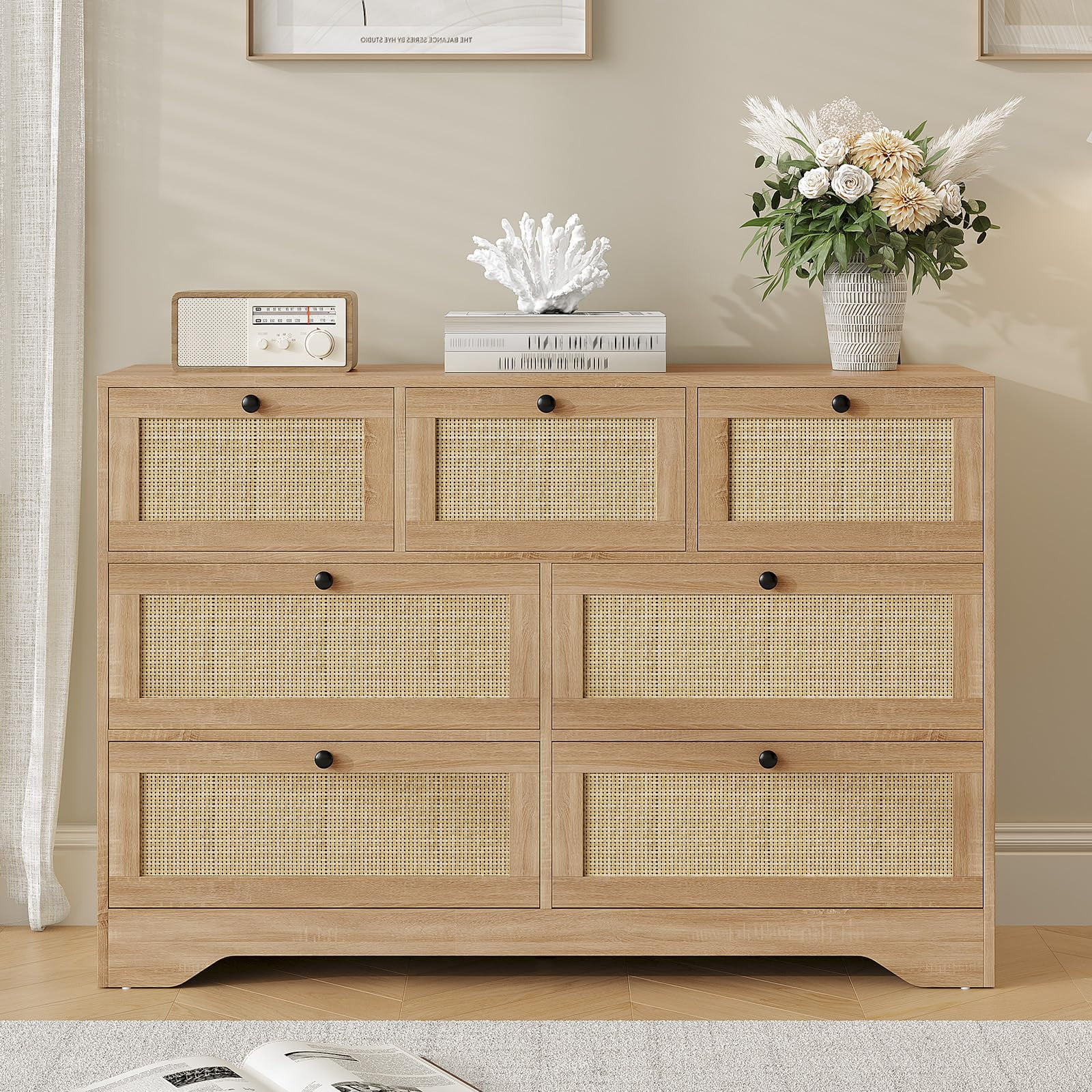 BouPower 32.3" Tall Rattan 7 Drawer Dresser for Bedroom, Farmhouse ...