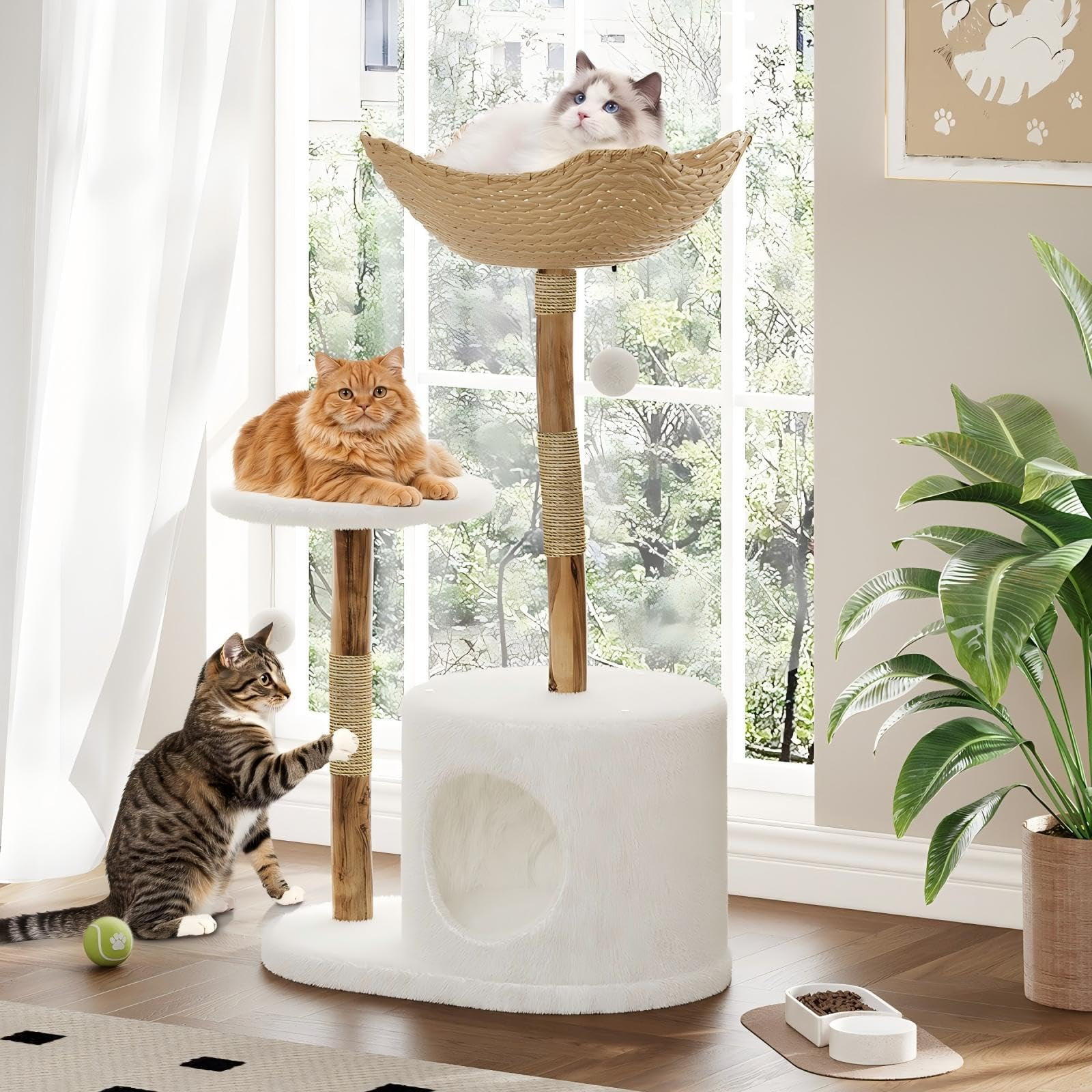 BouPower 43" Modern Cat Tree for Large Cats, Wood Cat Tree Tower with ...