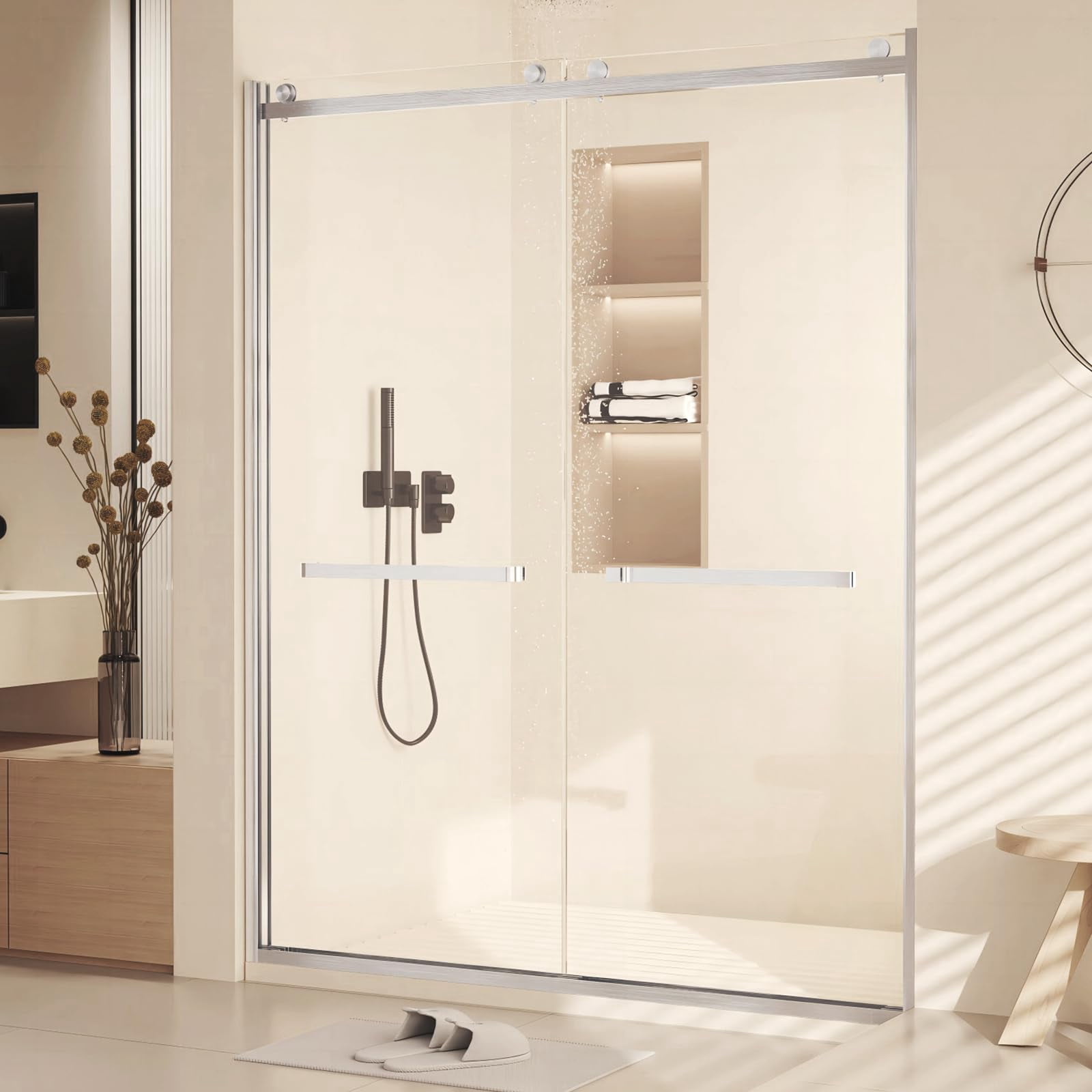 BouPower Double Sliding Shower Door, Semi Frameless Glass Shower Door ...