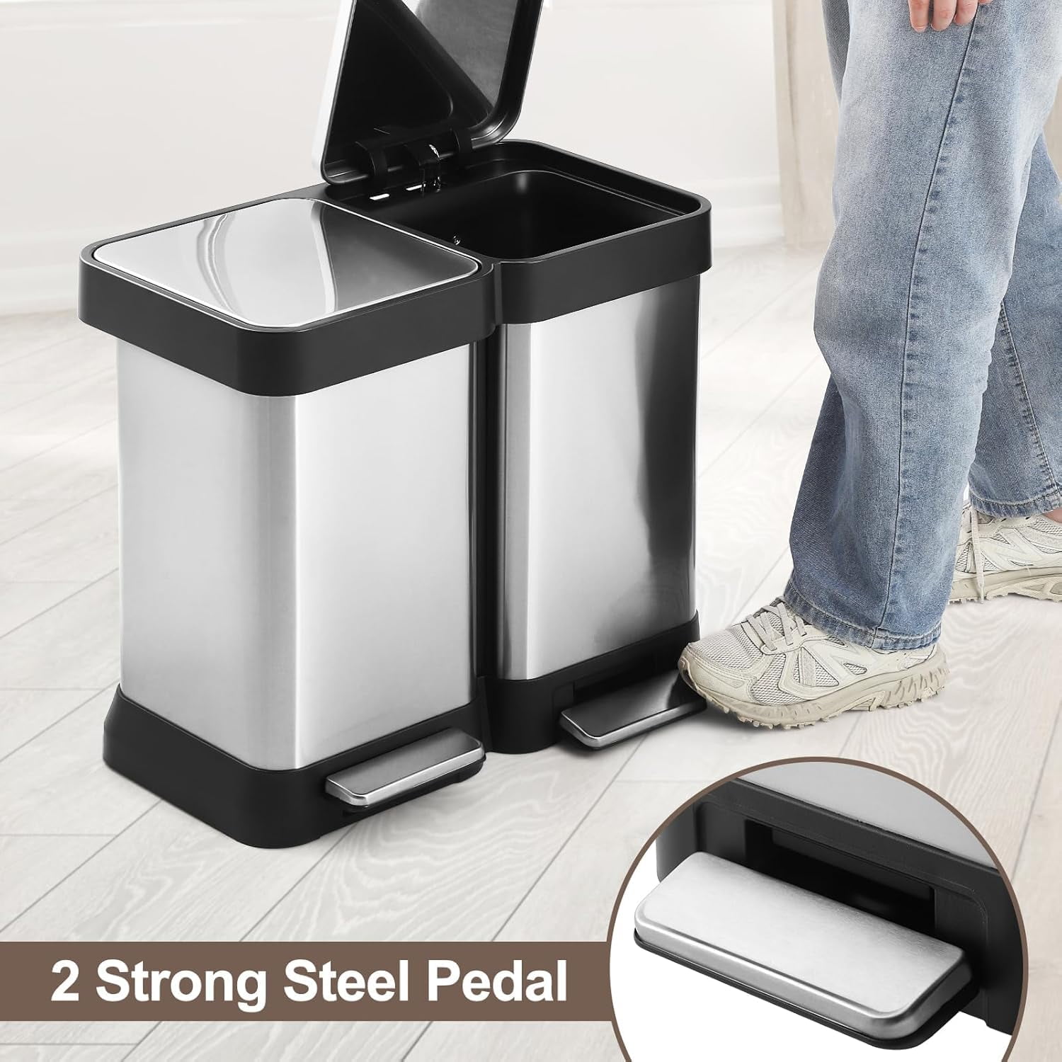BouPower Dual Compartment Step Trash Can,Stainless Steel Recycling Bin ...
