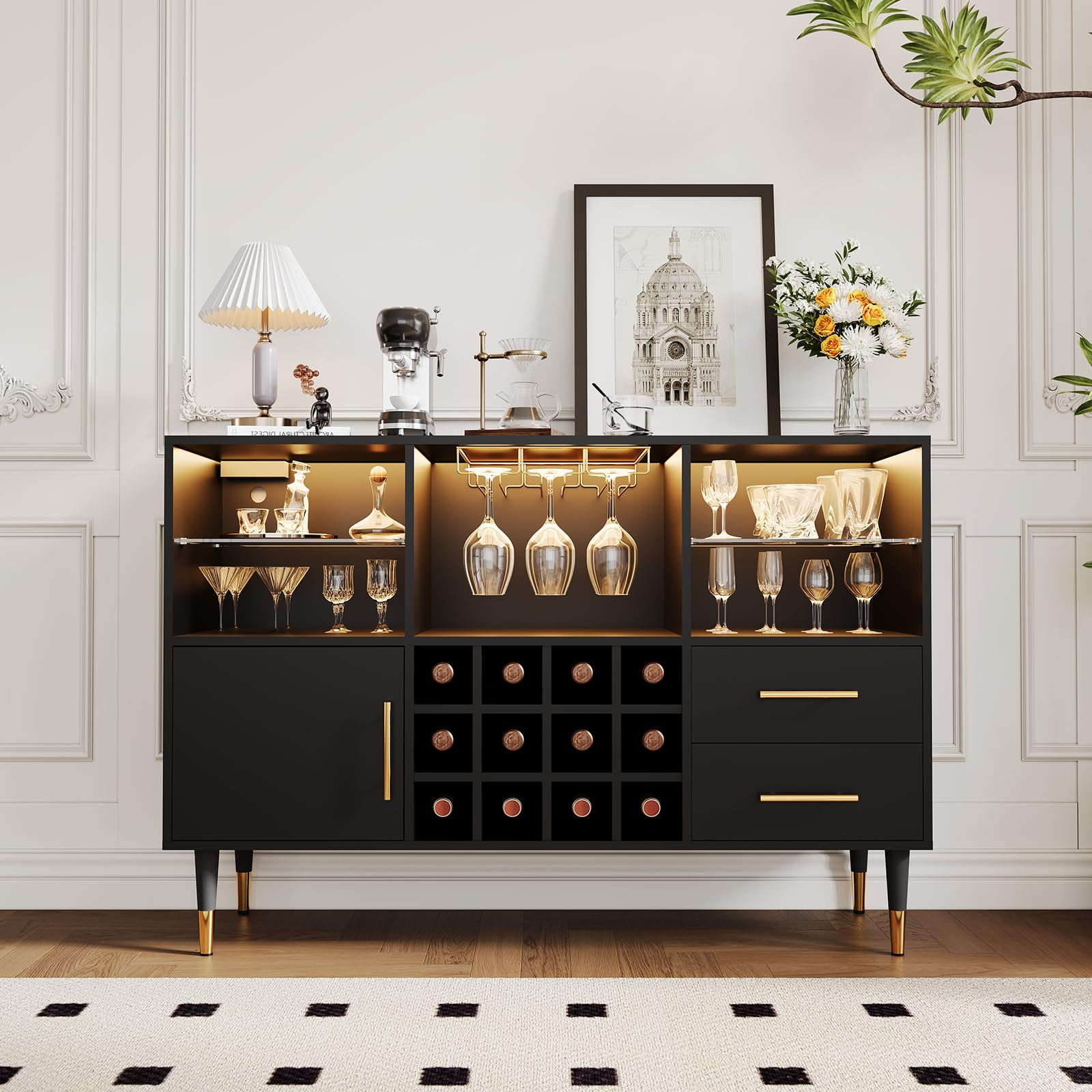 BouPower Large Coffee Bar Cabinet with LED Lights and Charging Station ...