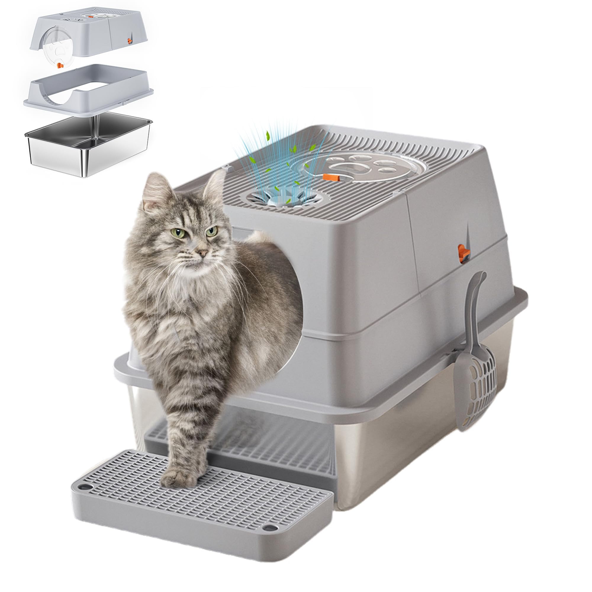 BouPower Large Stainless Steel Enclosed Cat Litter Box with Lid, Metal ...