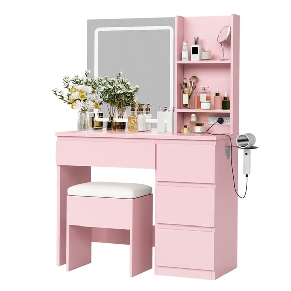 BouPower Makeup Vanity Desk with LED Mirror 3 Lighting Modes 4 Drawers ...