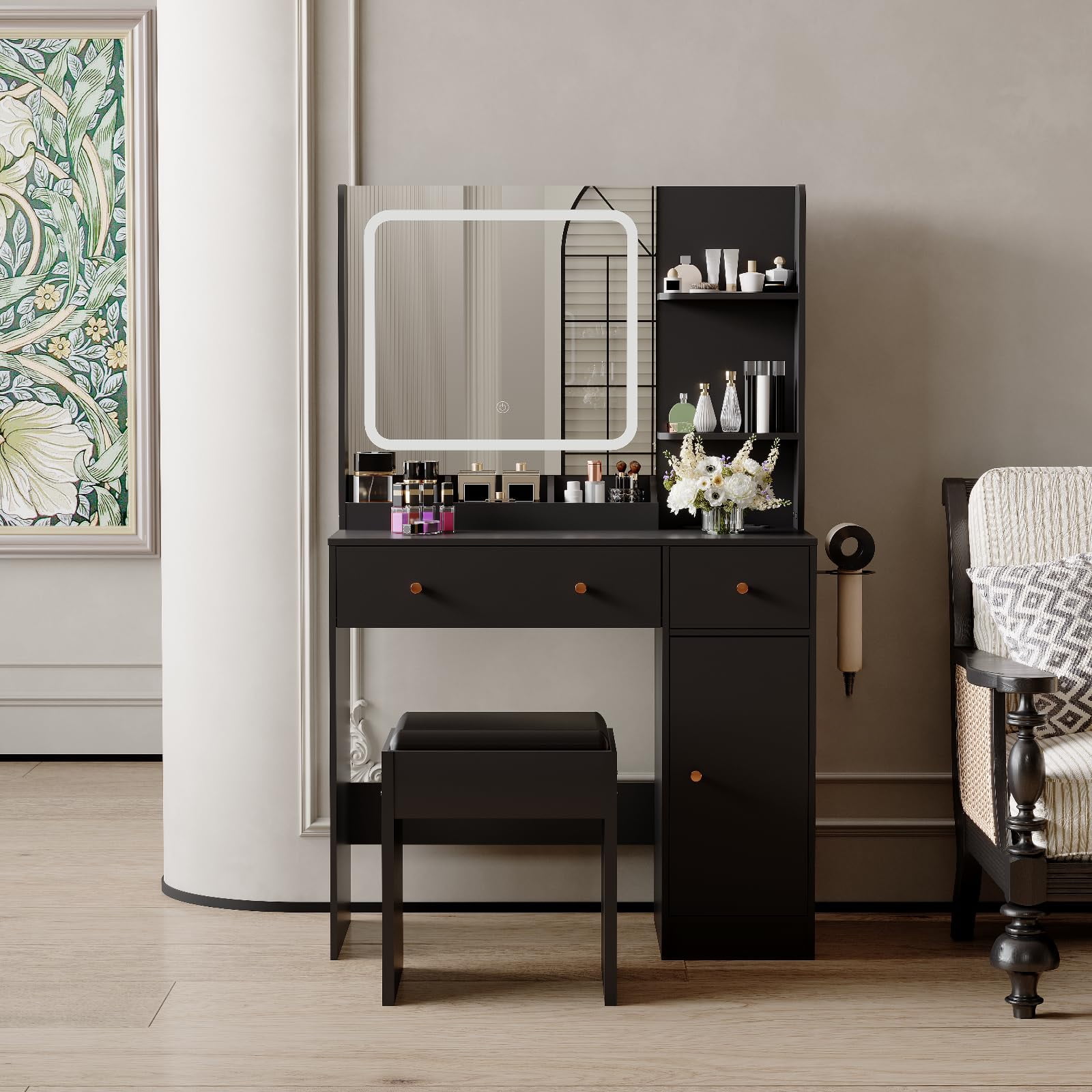 BouPower Makeup Vanity Table with 3 Light Modes,Storage Drawers,Built ...