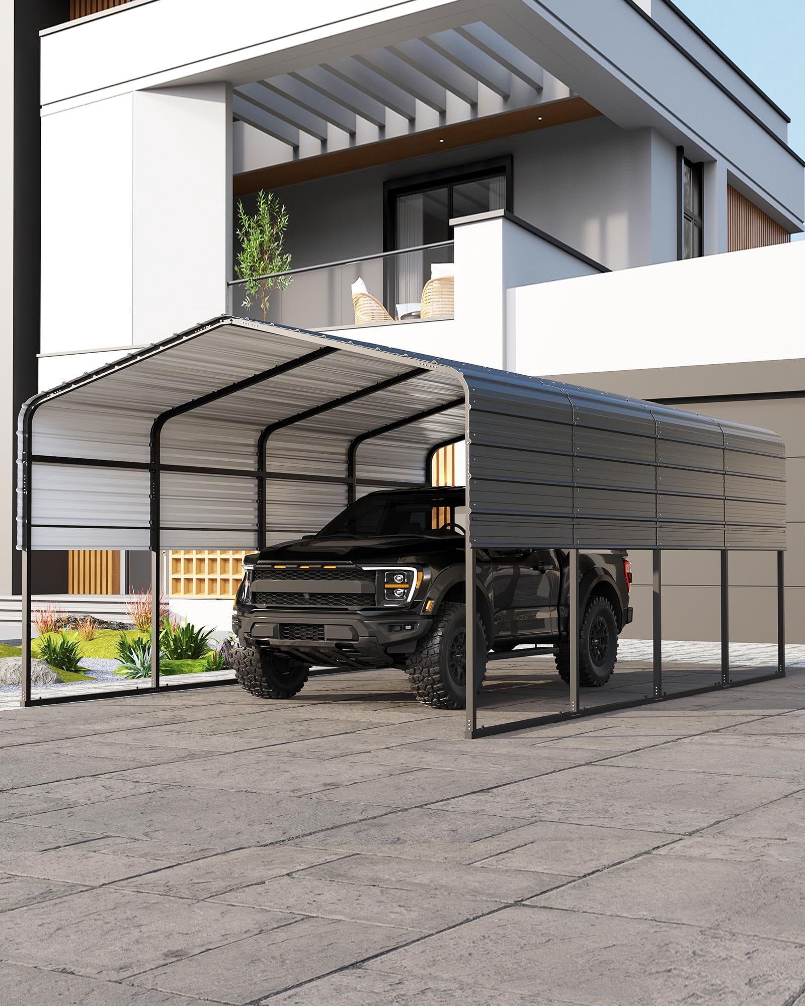 BouPower Metal Carport, Outdoor Car Port Canopy with Reinforced Base ...