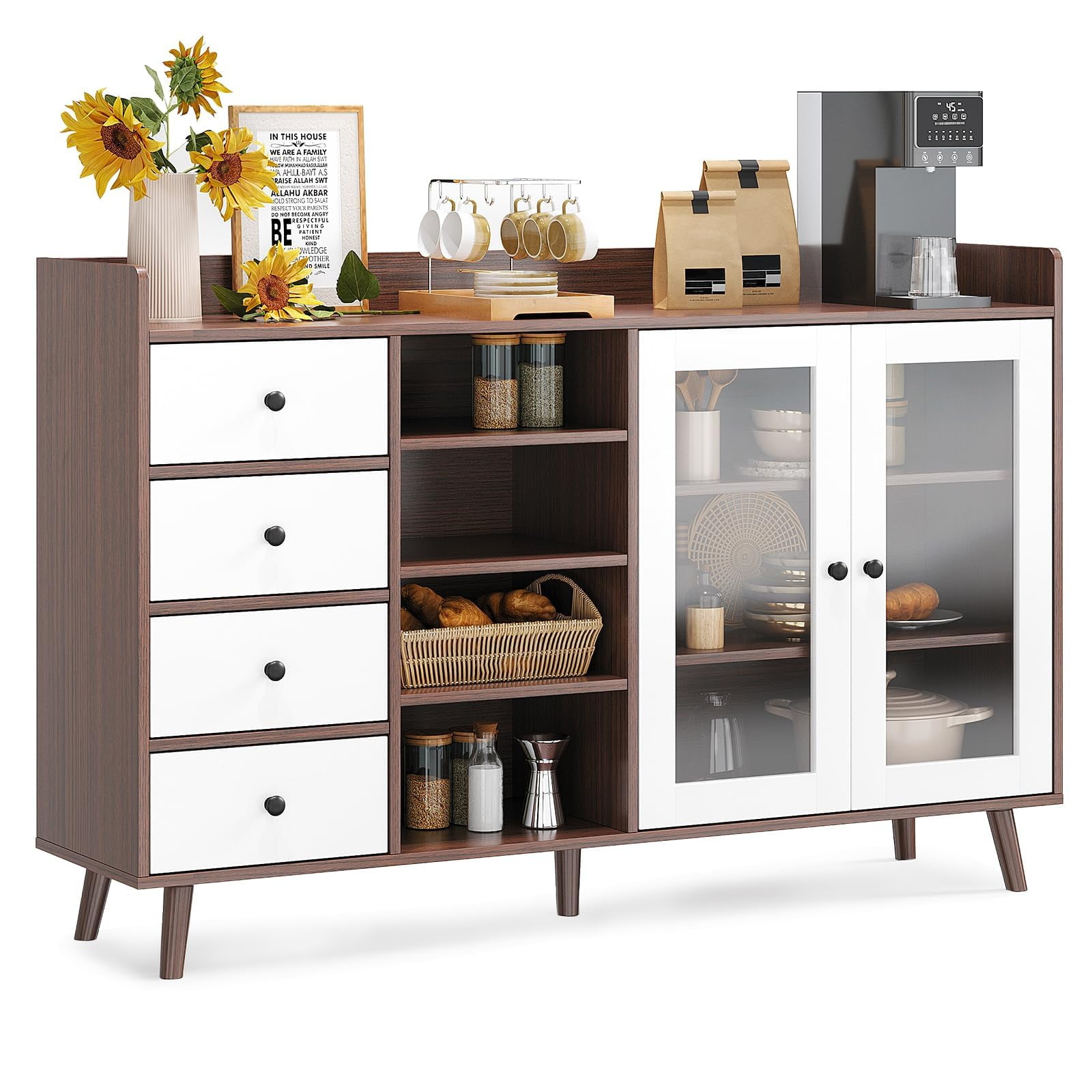 BouPower Sideboard Buffet Cabinet with Open Racks & 4 Drawers, 55.11 ...