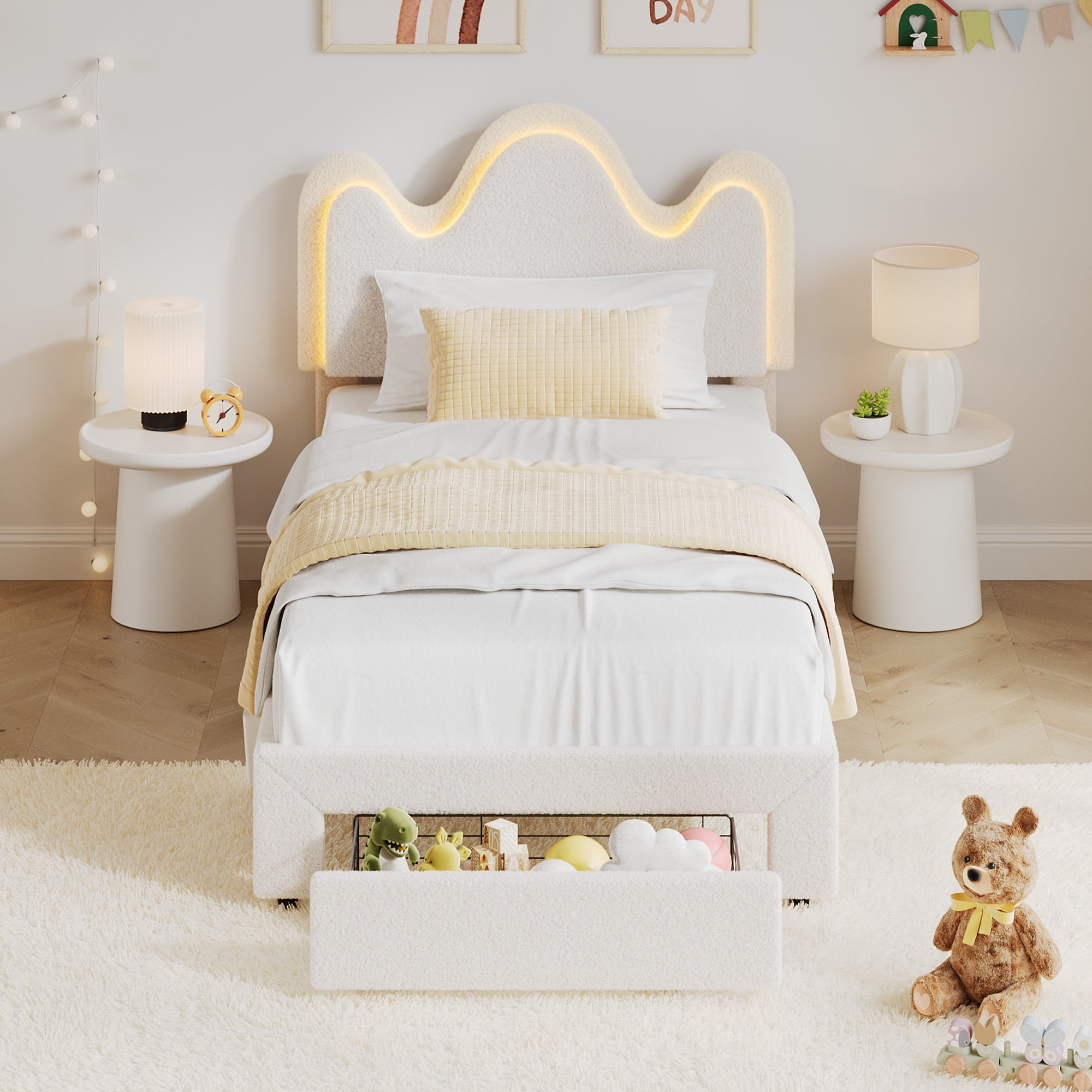 BouPower Upholstered LED Princess Platform Bed Frame for Girls, Boucle ...