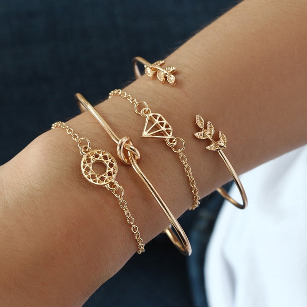 Bouanq 4Pcs Dainty Gold Bracelet Set for Women Cuff Open Wire Bangle Wrap Boho Crystal Rhinestones Bangles Layered Bracelets for teen Girls for