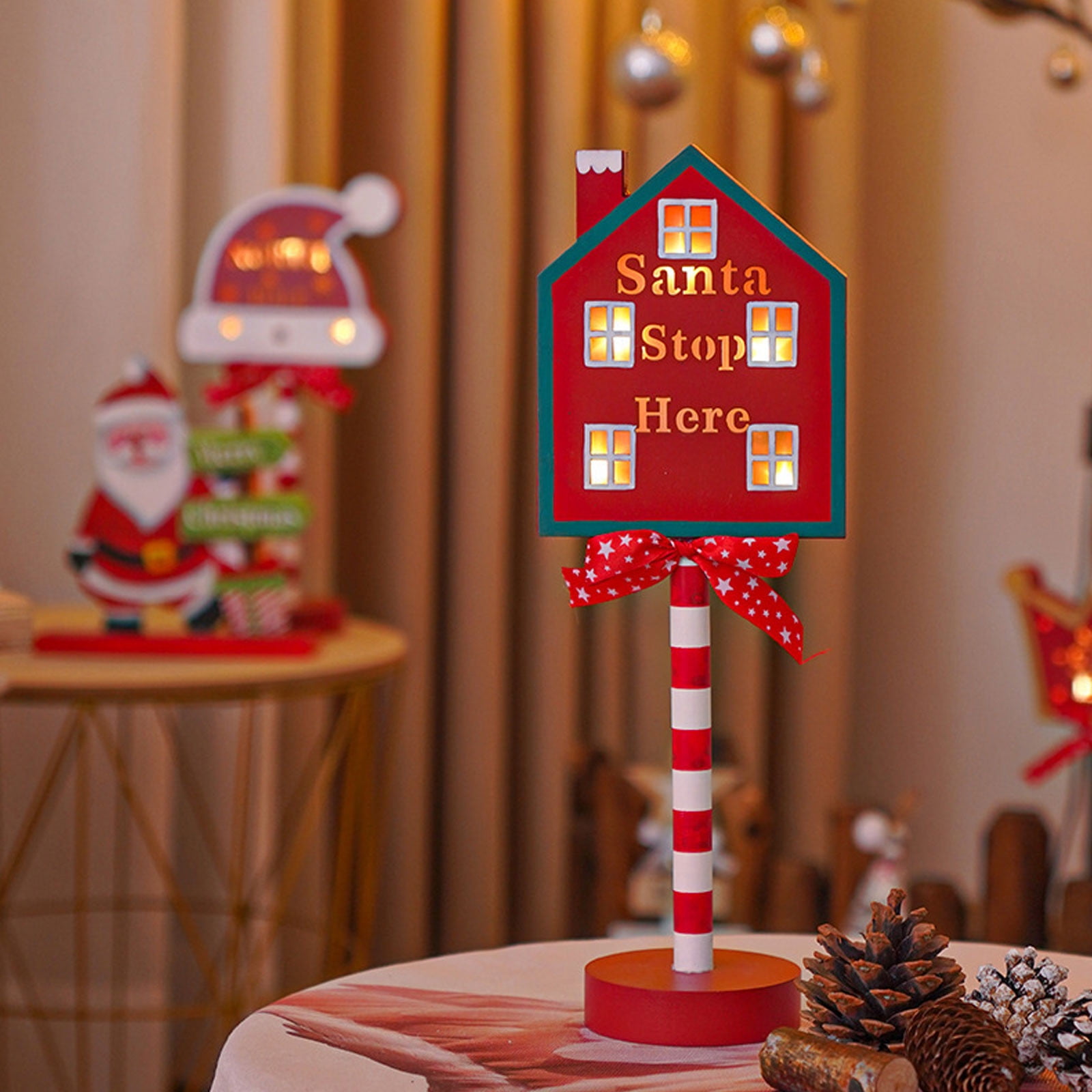Bouanq Christmas Santa Stop Here Sign Light up Small Standing Christmas ...