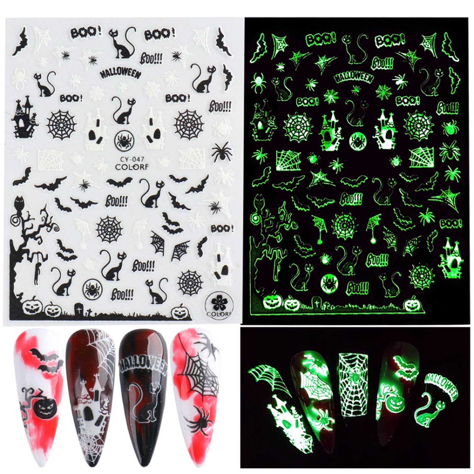 Bouanq Fake Nails 3D Self-adhesive Nail Sticker Luminous Halloween ...