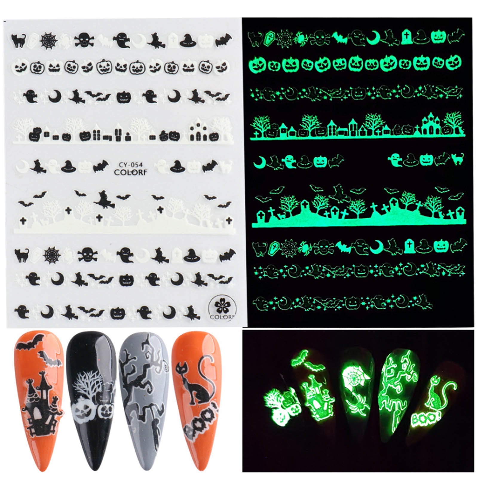 Bouanq Fake Nails 3D Self-adhesive Nail Sticker Luminous Halloween ...