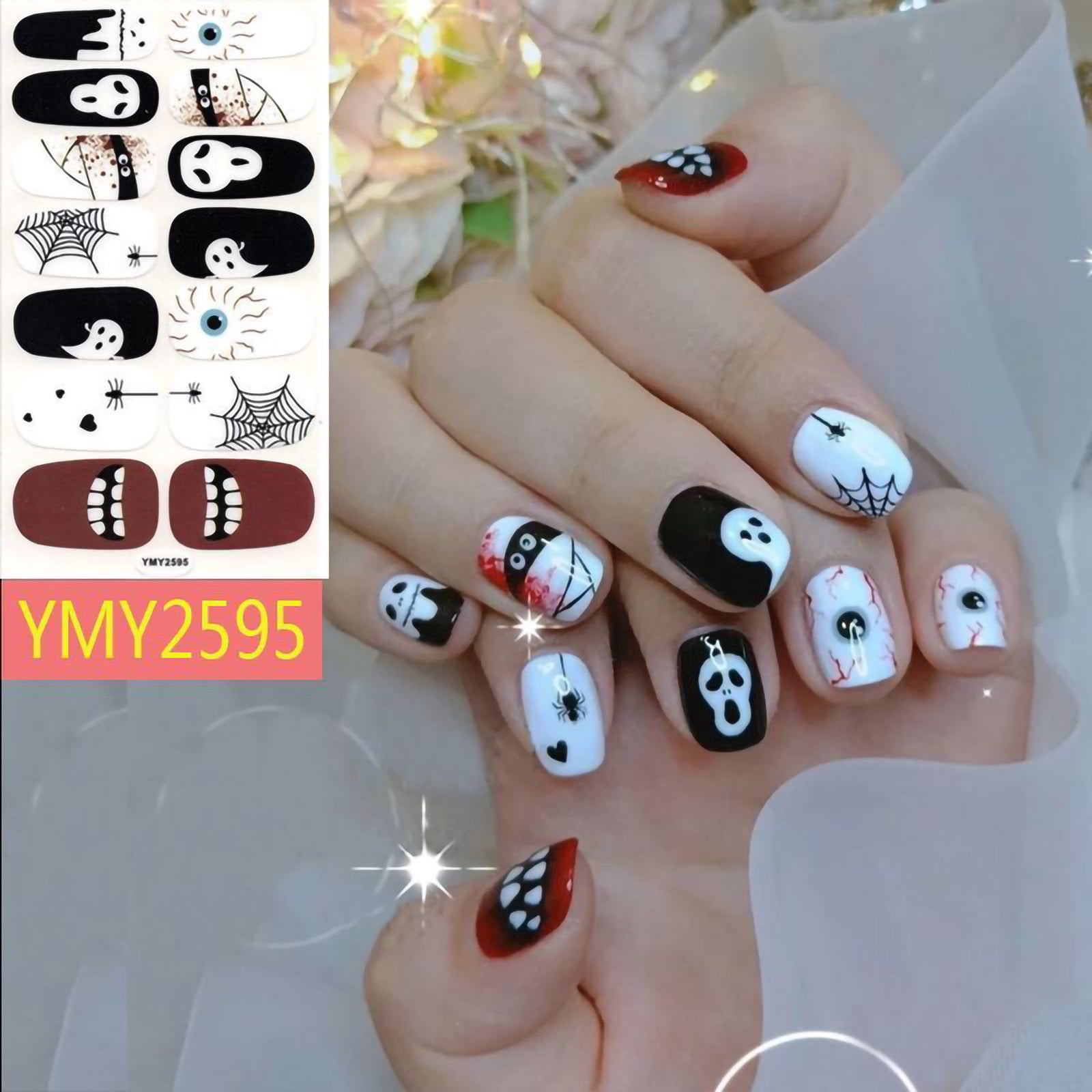 Bouanq Fake Nails Nail Art Sticker Halloween Black White Color Skull ...