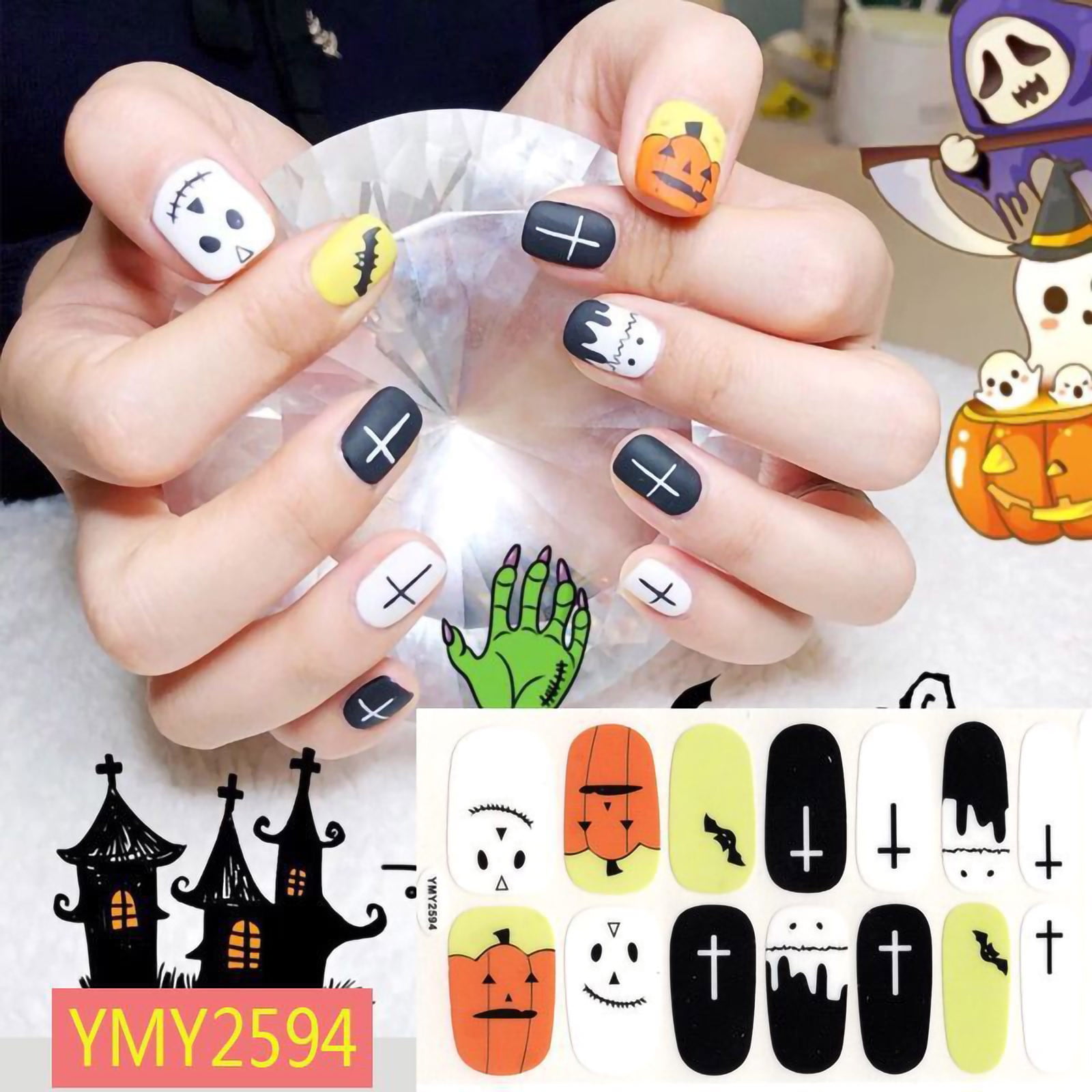 Bouanq Fake Nails Nail Art Sticker Halloween Black White Color Skull ...