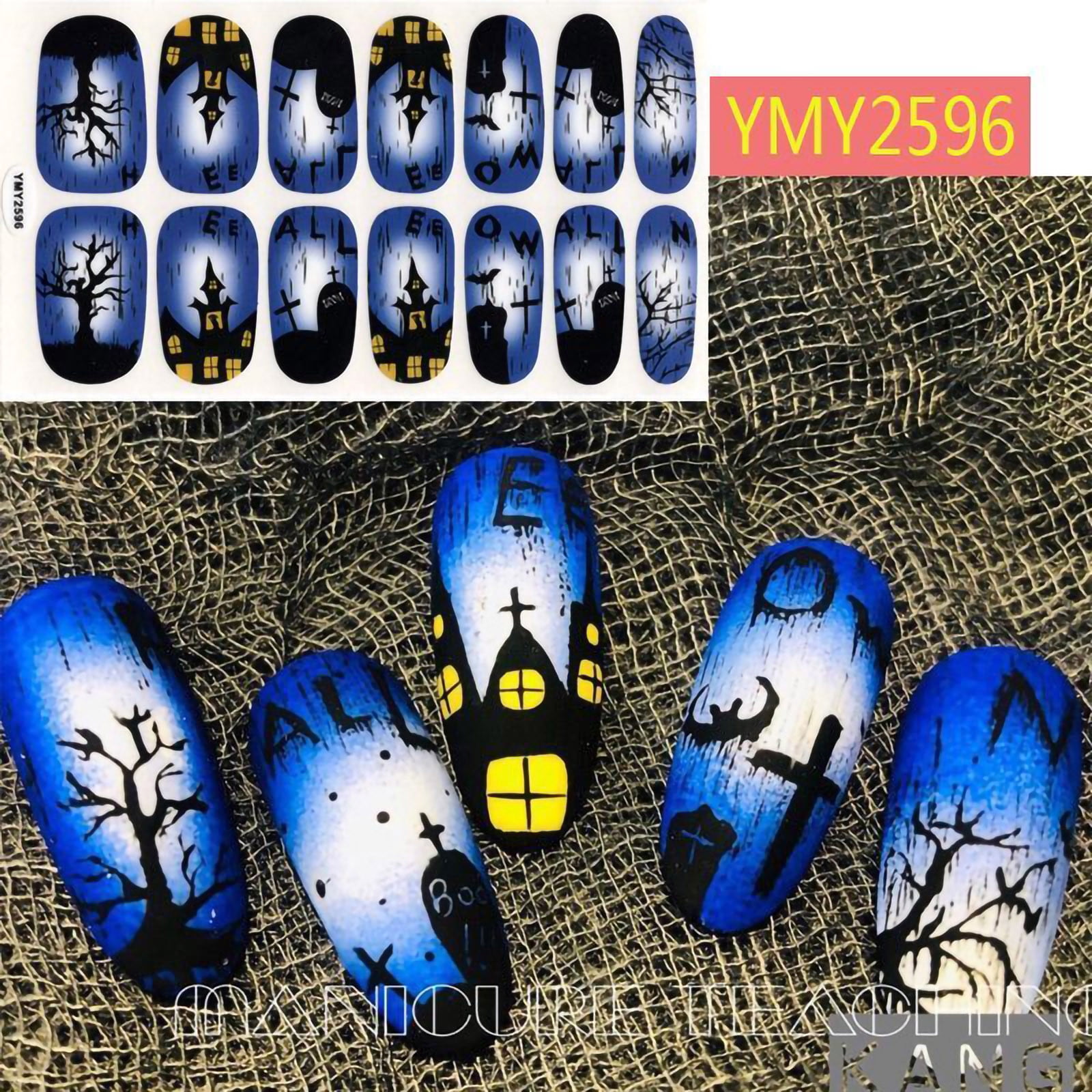 Bouanq Fake Nails Nail Art Sticker Halloween Black White Color Skull ...