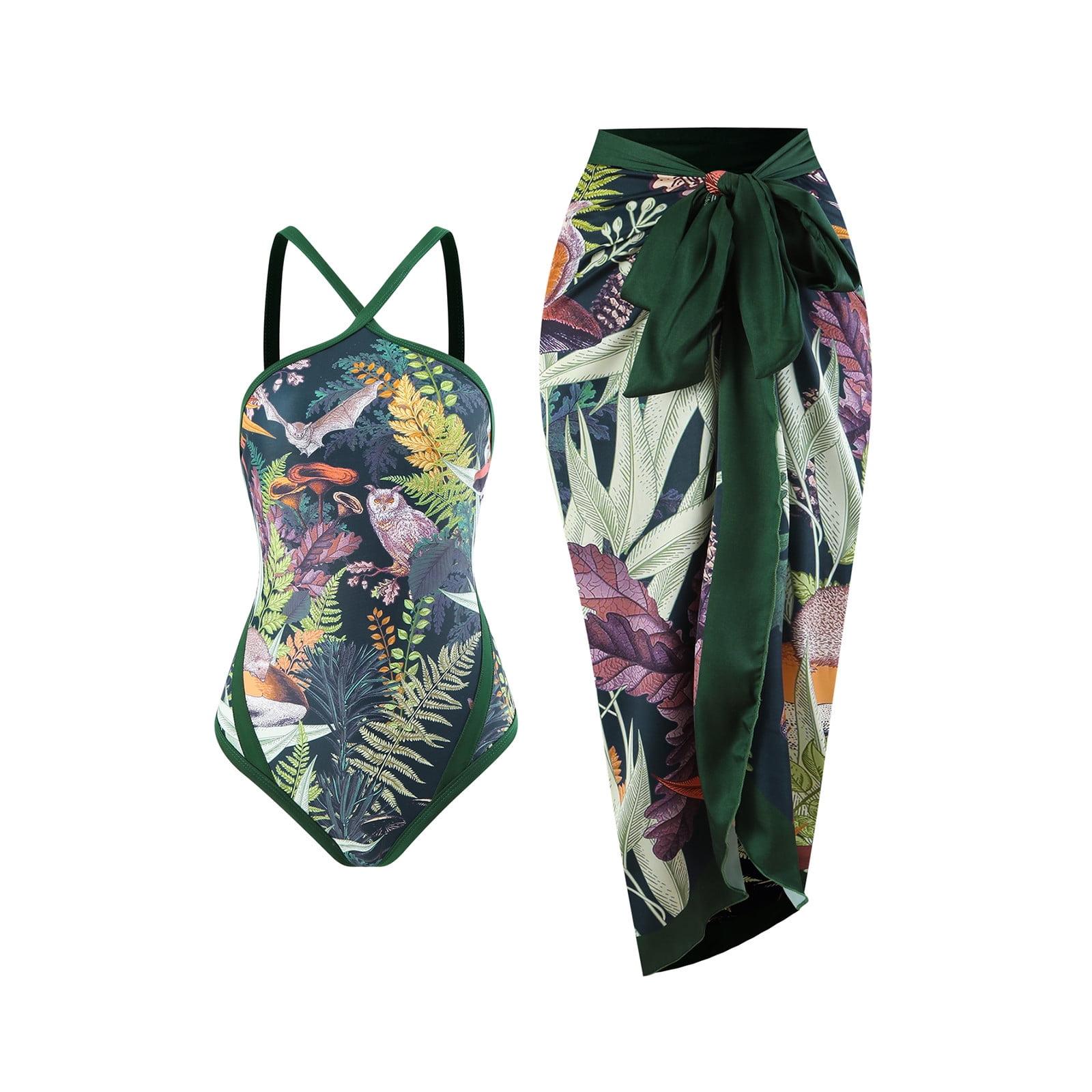 Bouanq Floral Three Pieces Swimsuits for Women with Matching Wrap Skirt ...