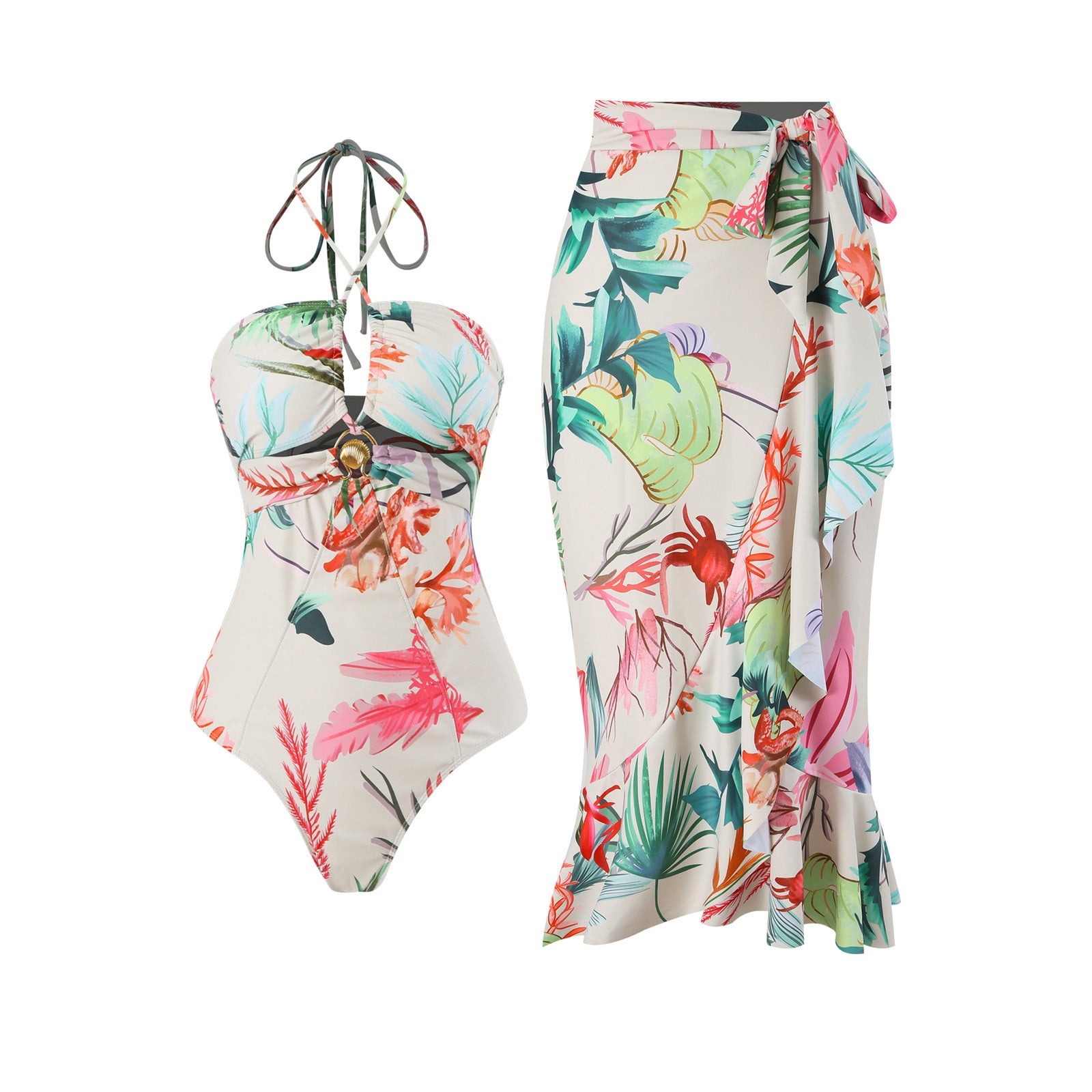 Bouanq Floral Three Pieces Swimsuits for Women with Matching Wrap Skirt ...