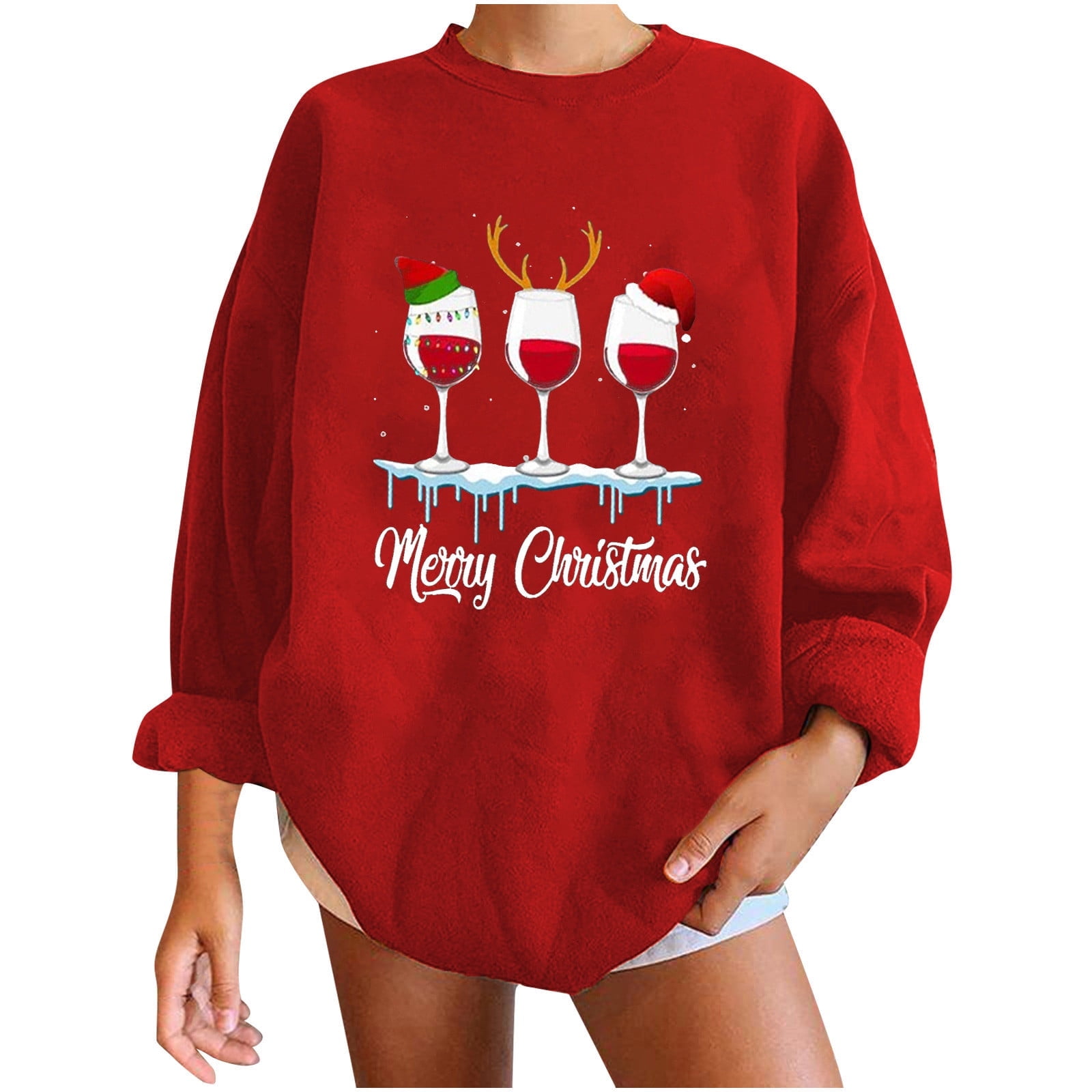 Bouanq Red Santa Reindeer Sequin Ugly Christmas Sweater, Women's S-XXL ...