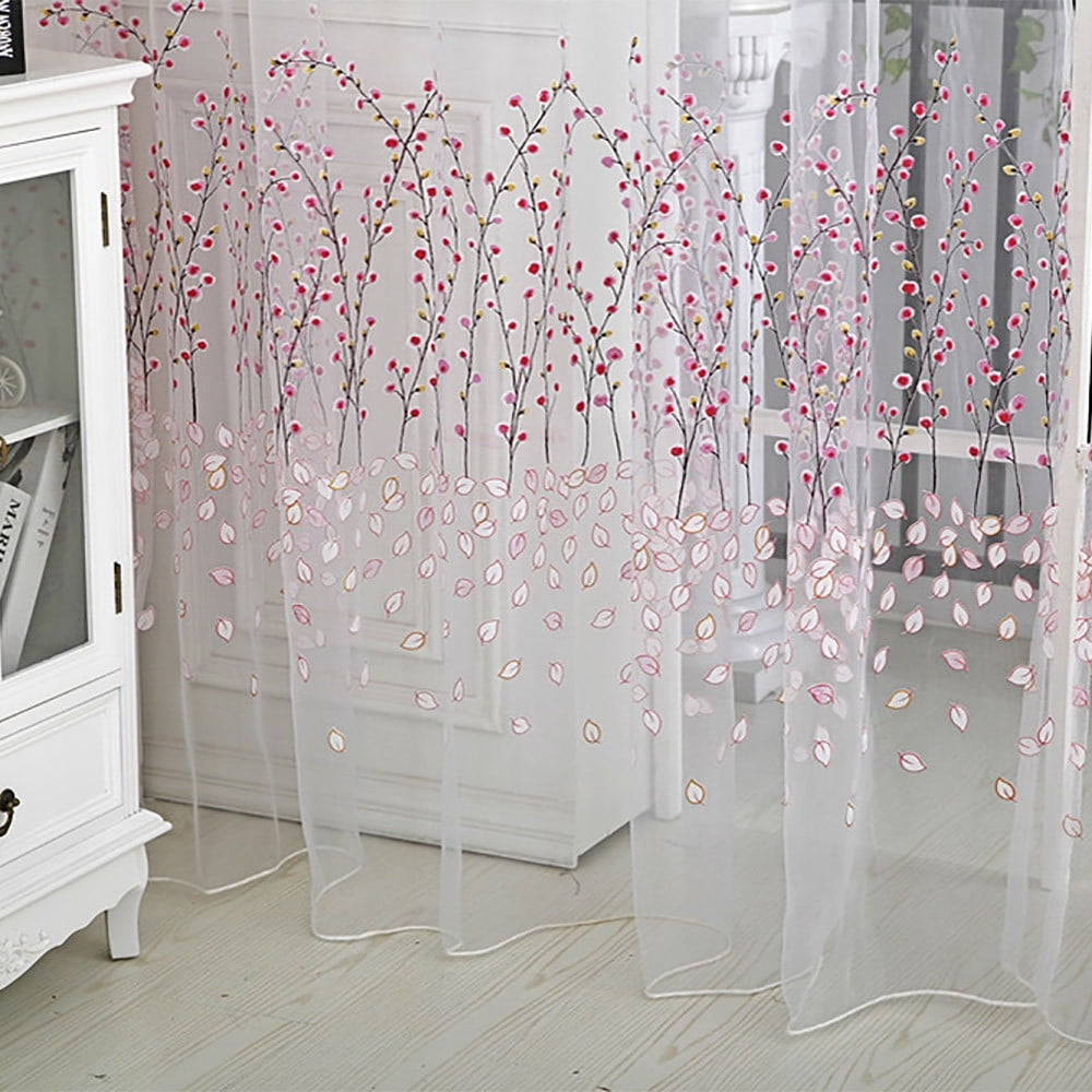 Bouanq Sheer Curtains with Embroidery, Floral Embroidered Sheer Window ...