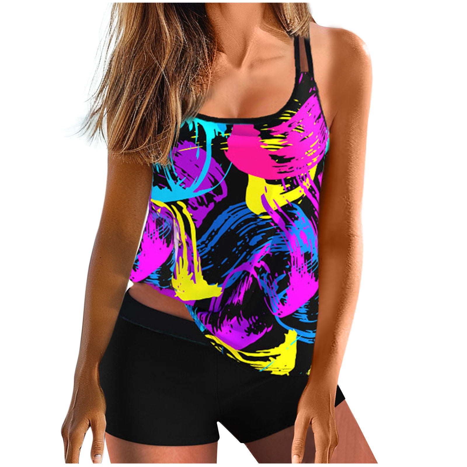 Bouanq Women Tankini Top with Swim Shorts Floral Printed Beach Tummy ...