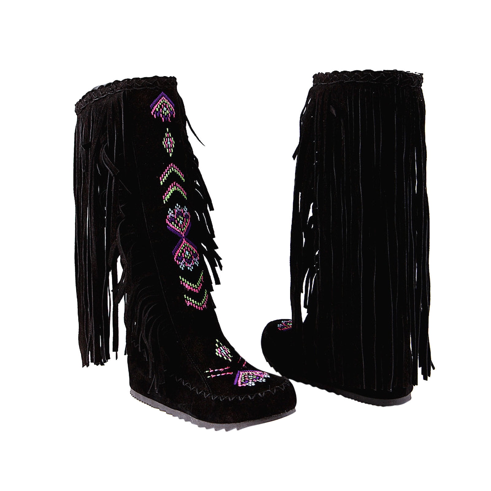 Bouanq Women's Tassel Bootie Cowgirl Boots Fringe Western Boots Wide ...