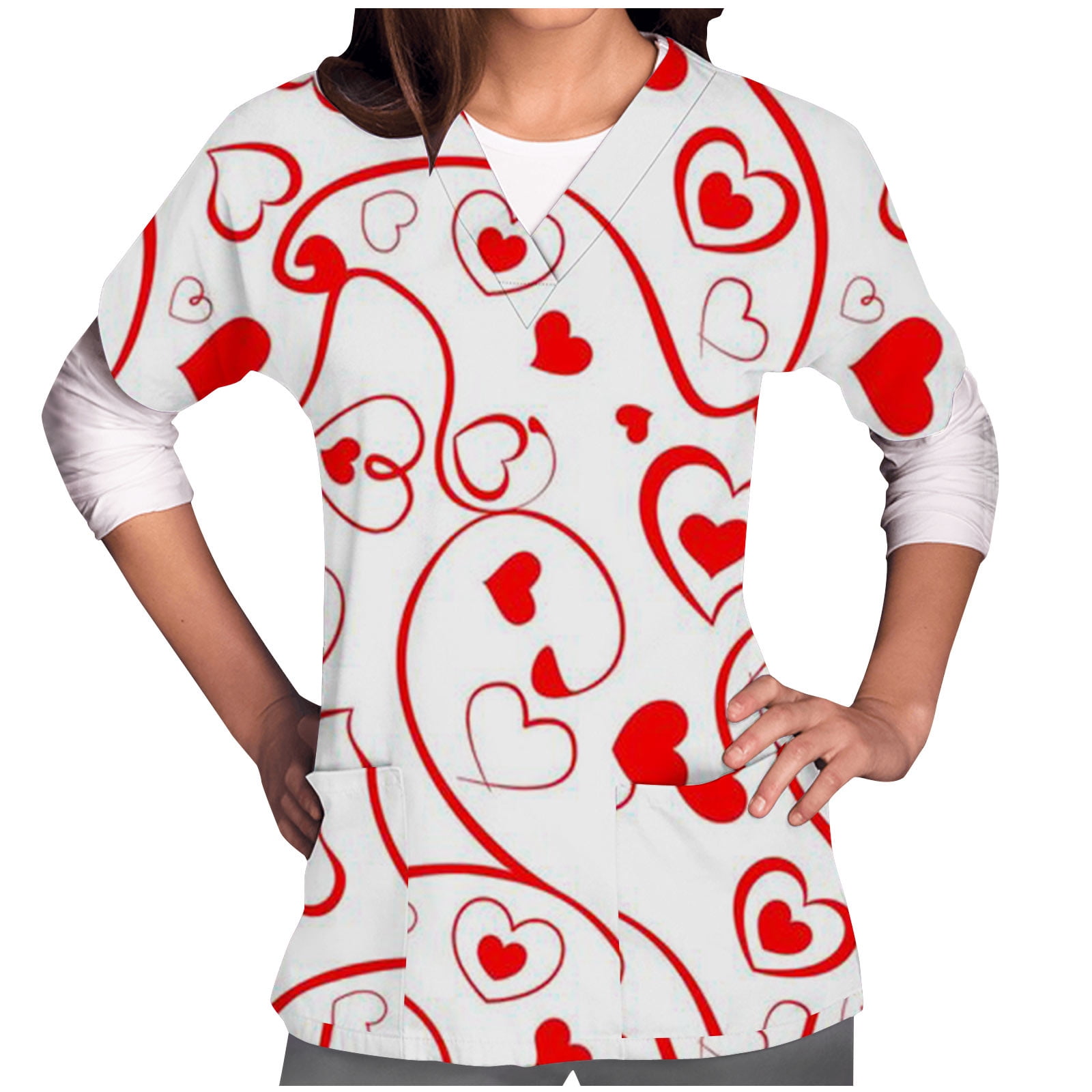 Bouanq Womens Love Heart Uniform Tops V Neck Short Sleeve Scrubs_Top ...