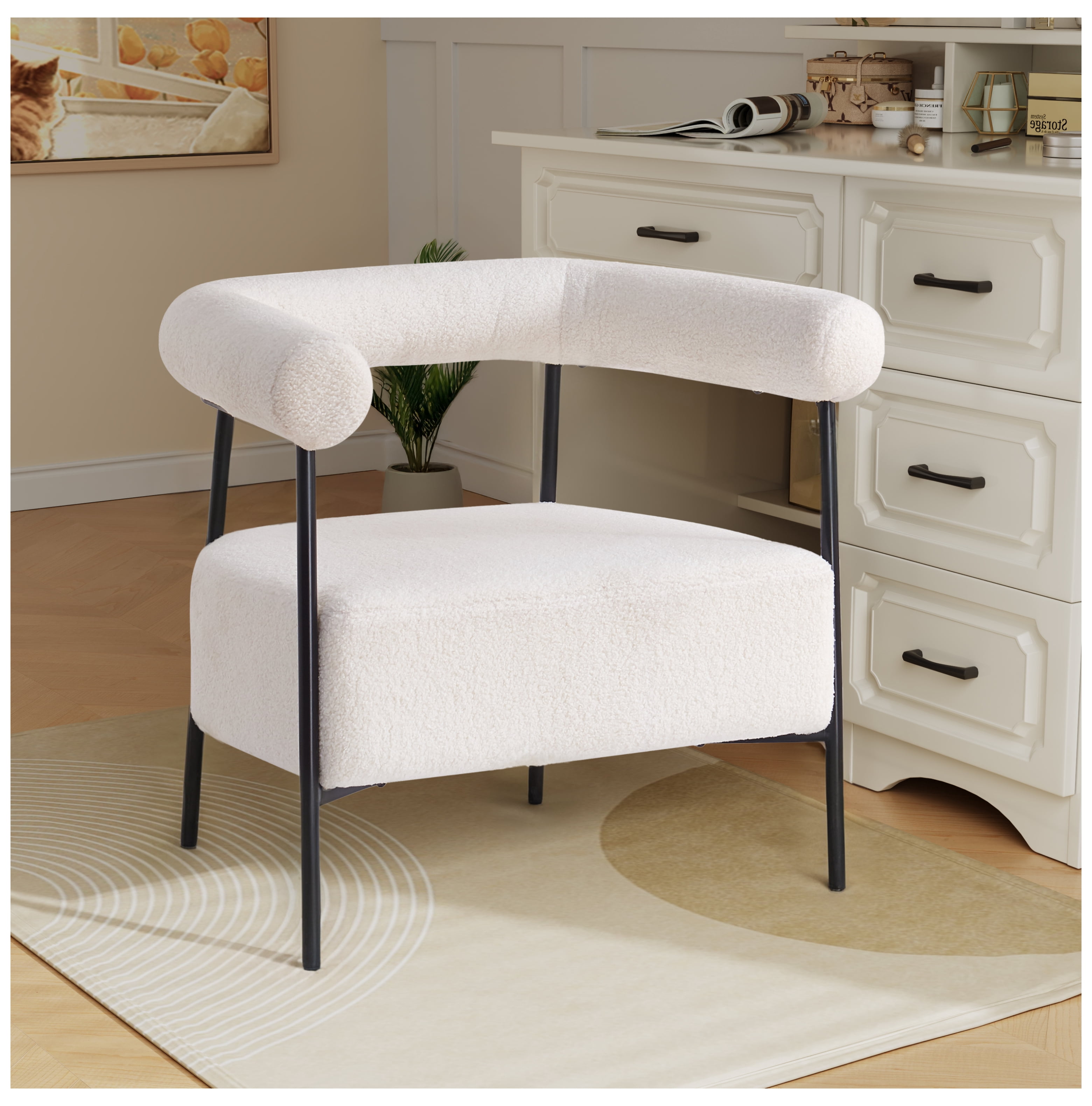 Boucle Accent Chair, Modern Upholstered Armchair - White Teddy Fabric ...